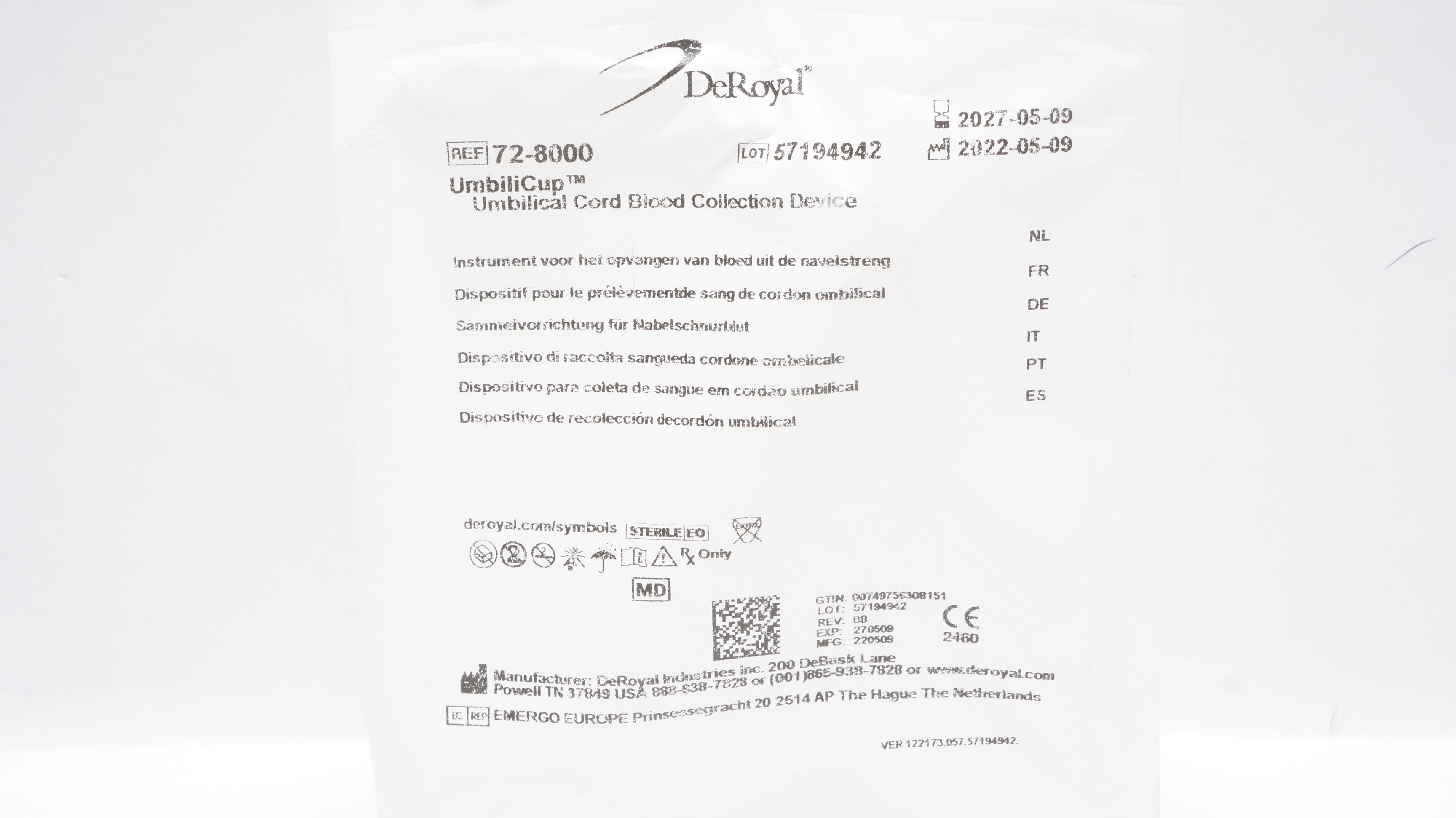 DeRoyal 72-8000 UmbiliCup Cord Blood Collection Device