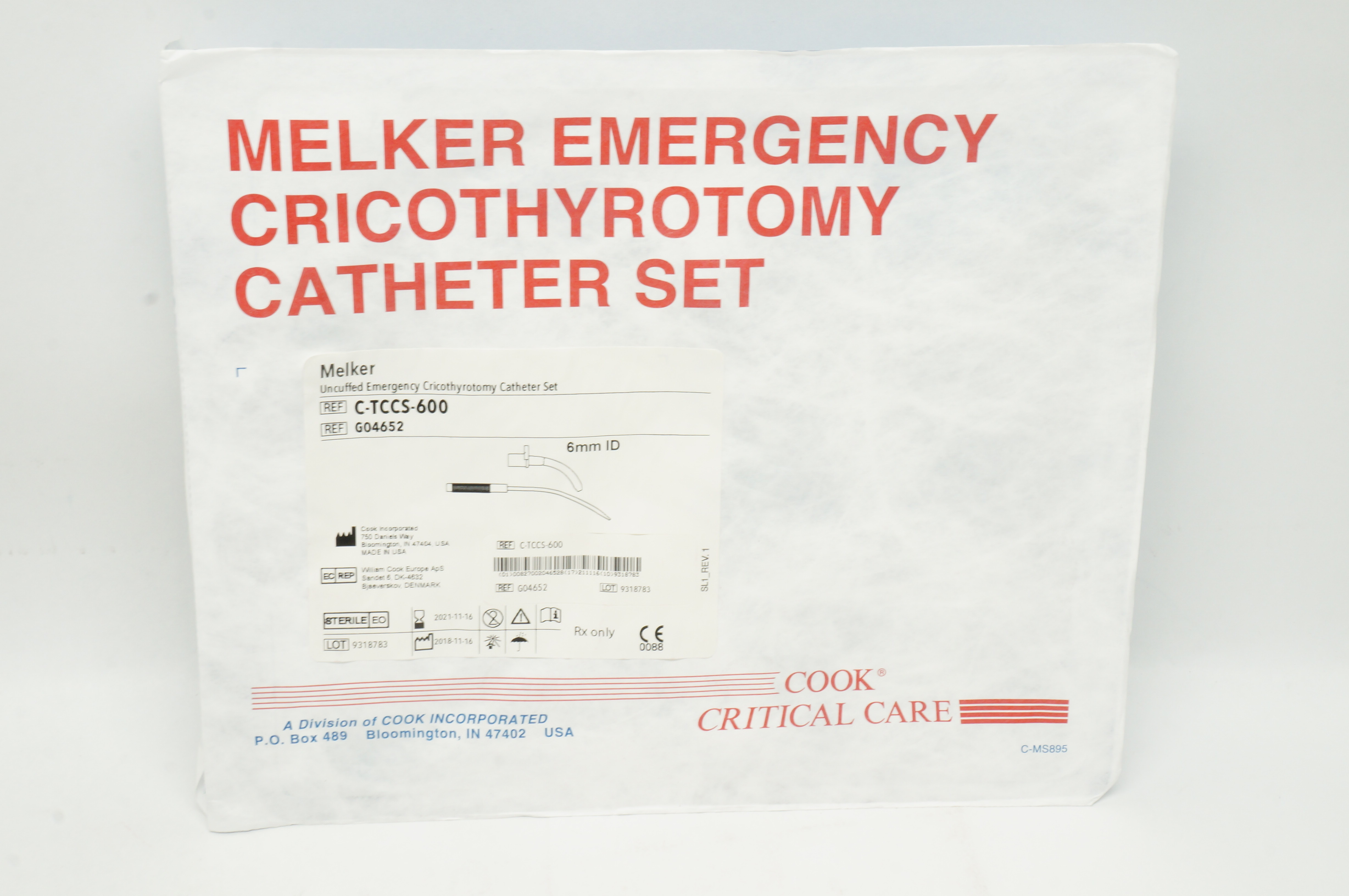 Cook Medical G04652 Melker Uncuffed Emergency Cricothyrotomy Cath. Set ...