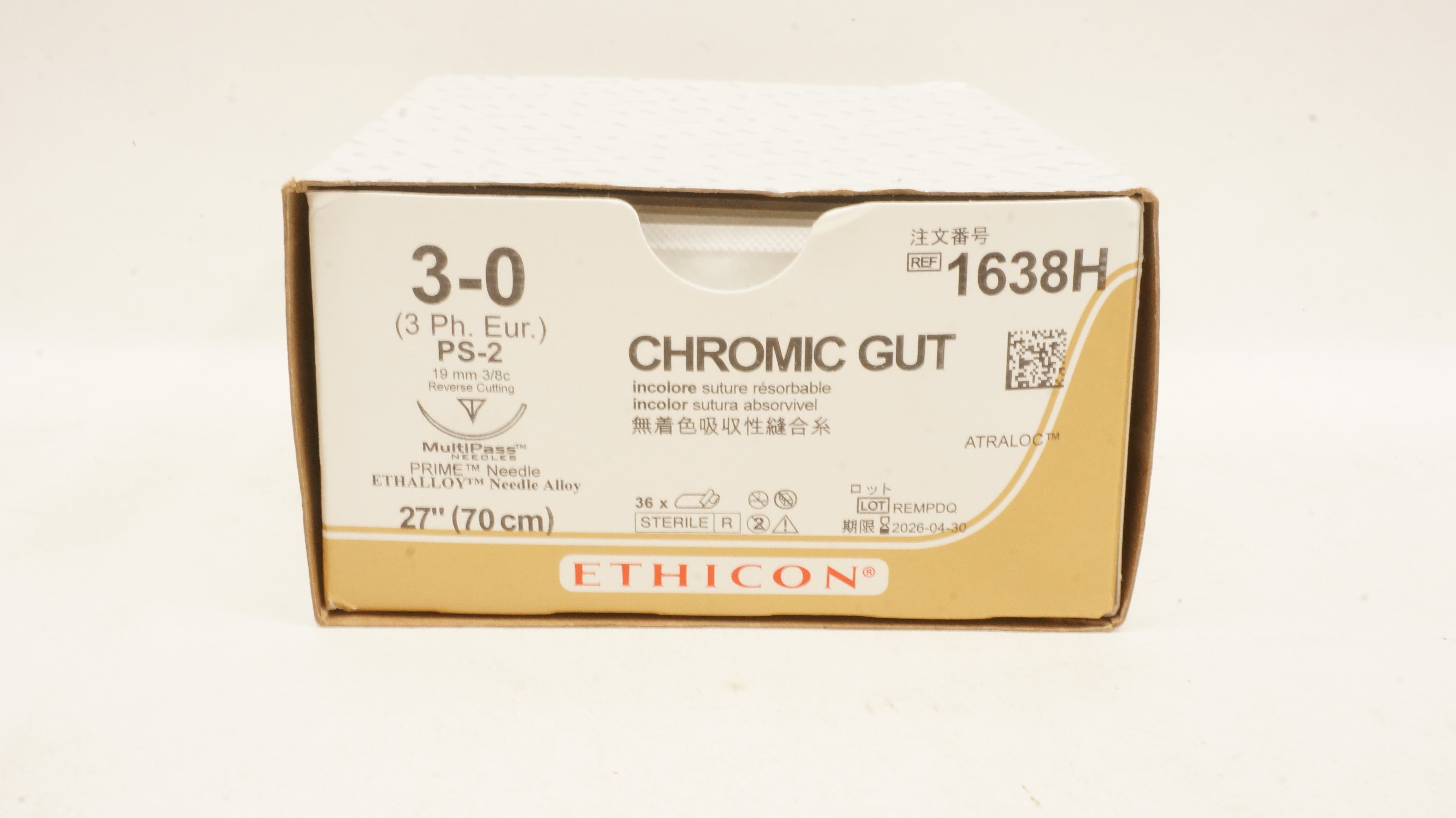 Ethicon 1638H 3-0 Chromic Gut Incolore Stre PS-2 19mm 3/8c, 27inch - Box of 36