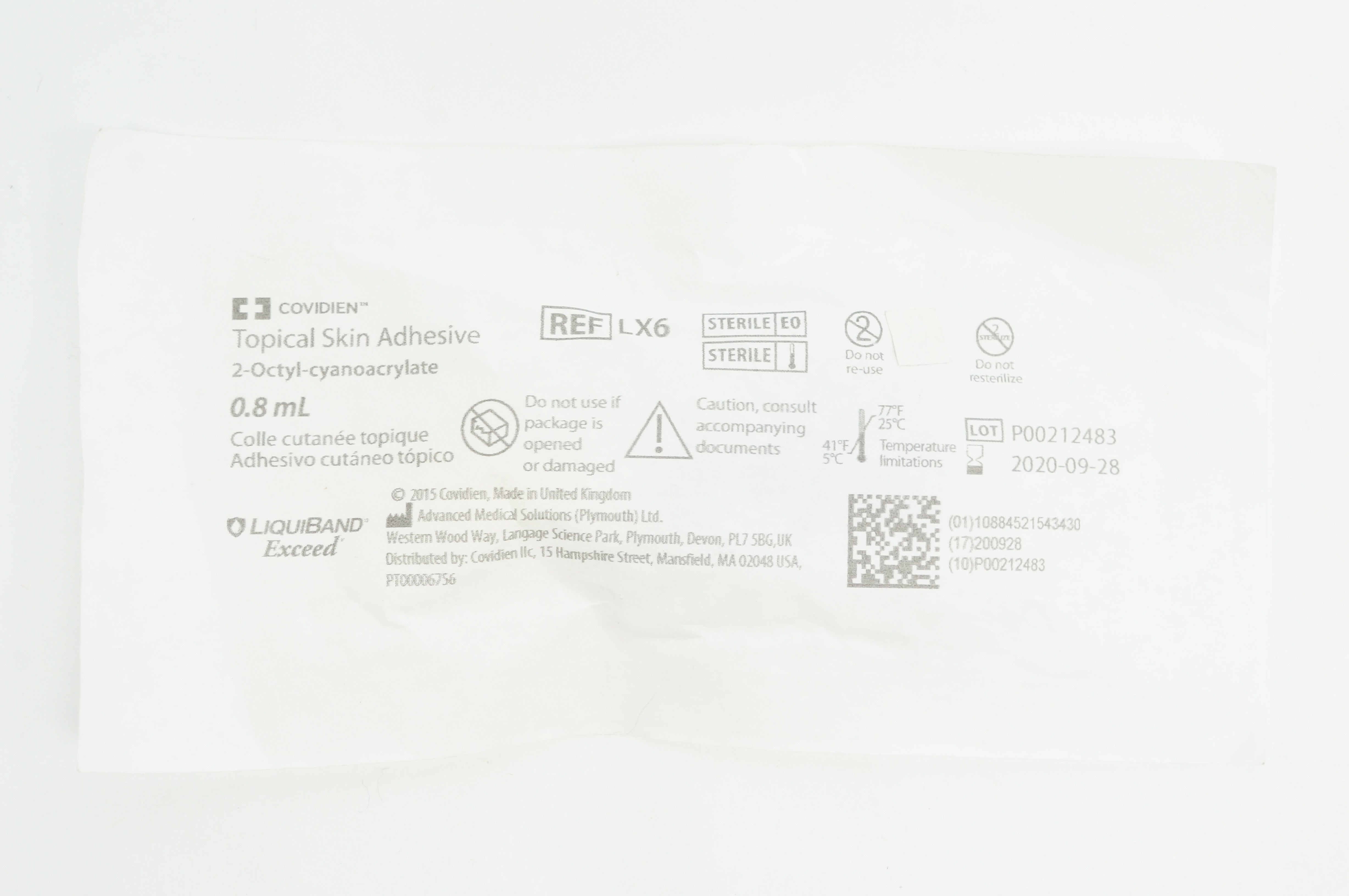 Covidien LX6 Topical Skin Adhesive 2 Octyl Cyanoacrylate 0.8ml (x)