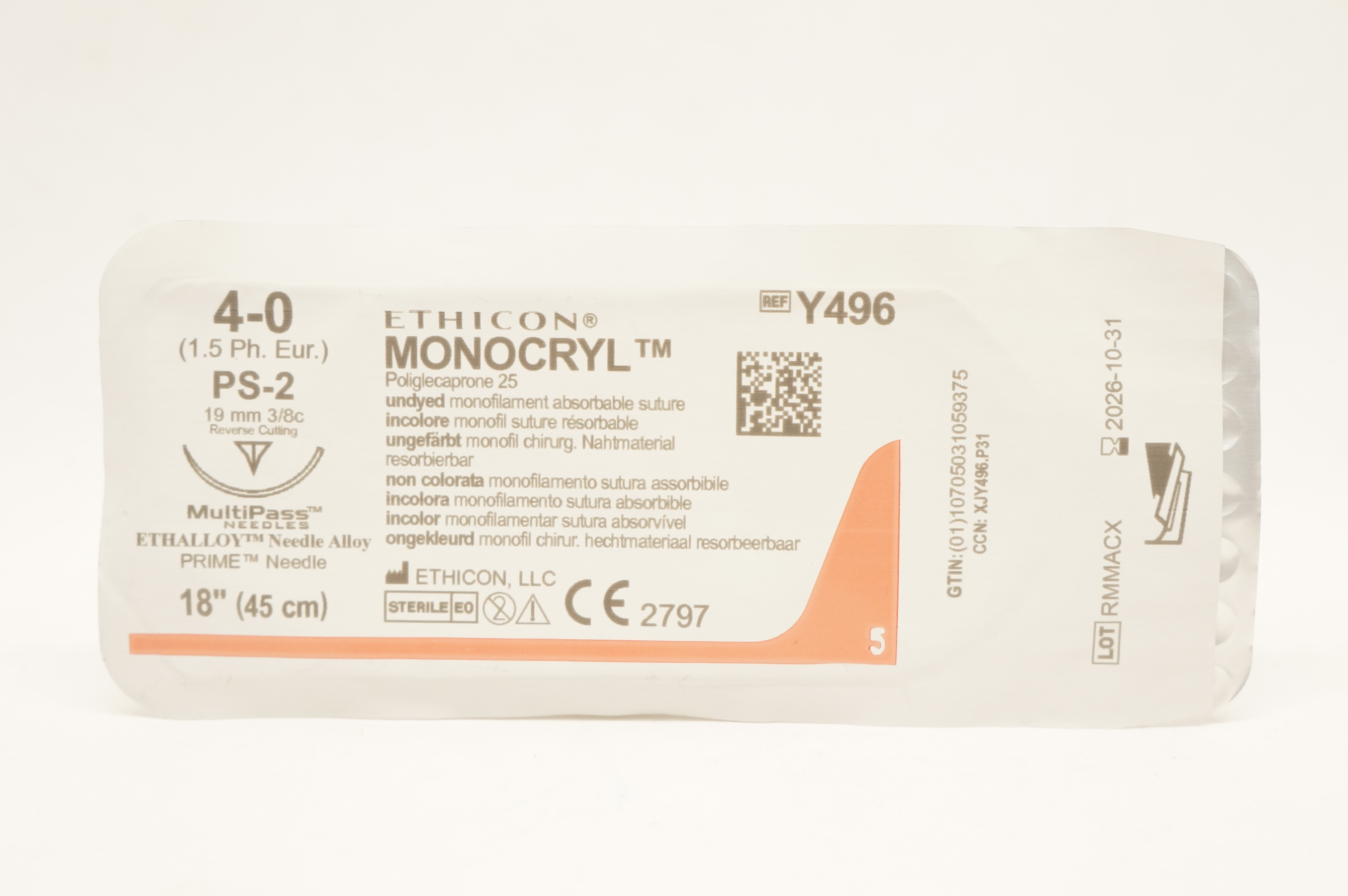 Ethicon Y496 4-0 Monocryl Undyed Stre PS-2 19mm 3/8c Reverse Cutting 18 ...
