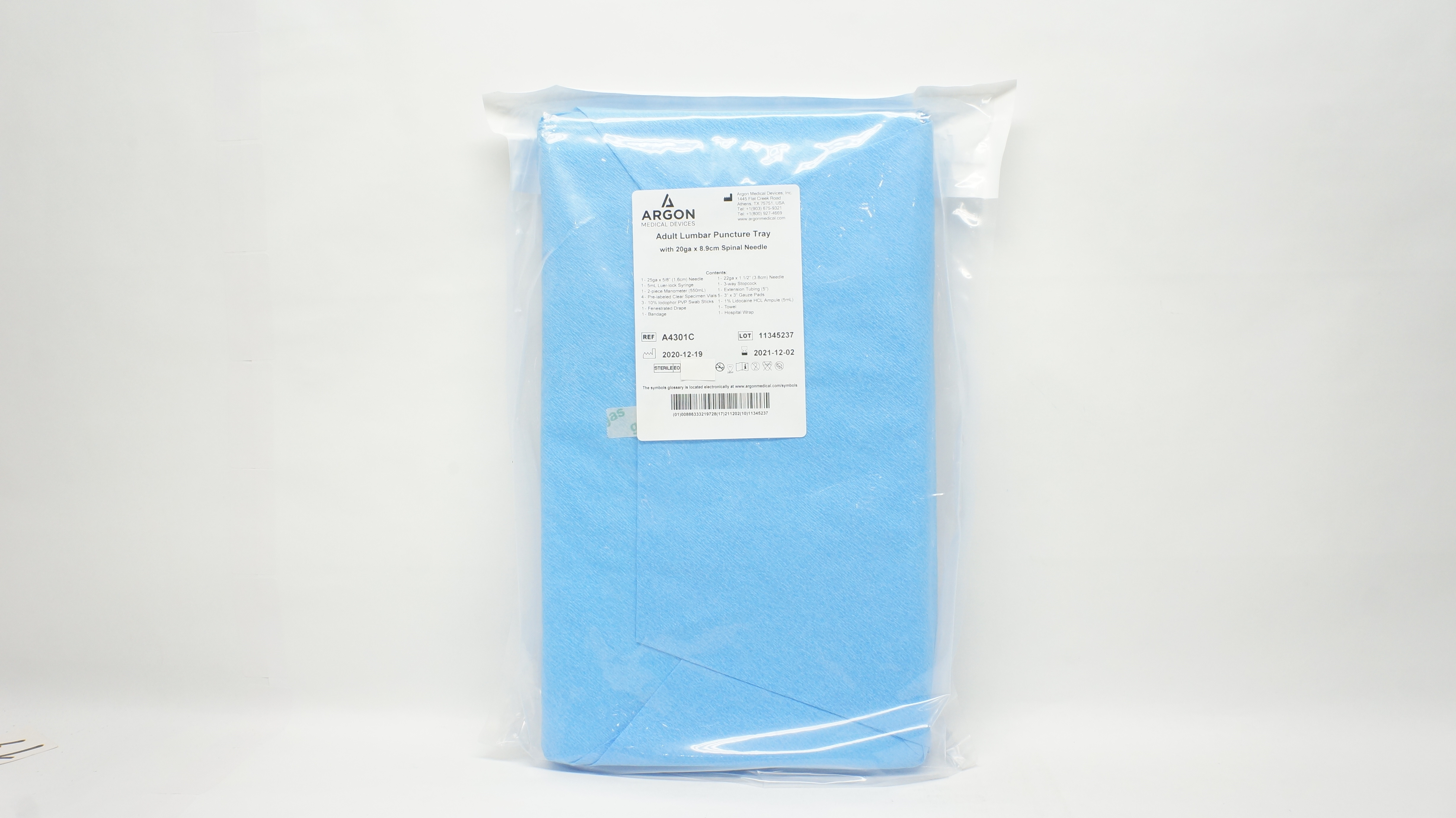 Argon A4301C Adult Lumbar Puncture Tray w/Spinal Ndle 20 ga x 8.9 cm (x)