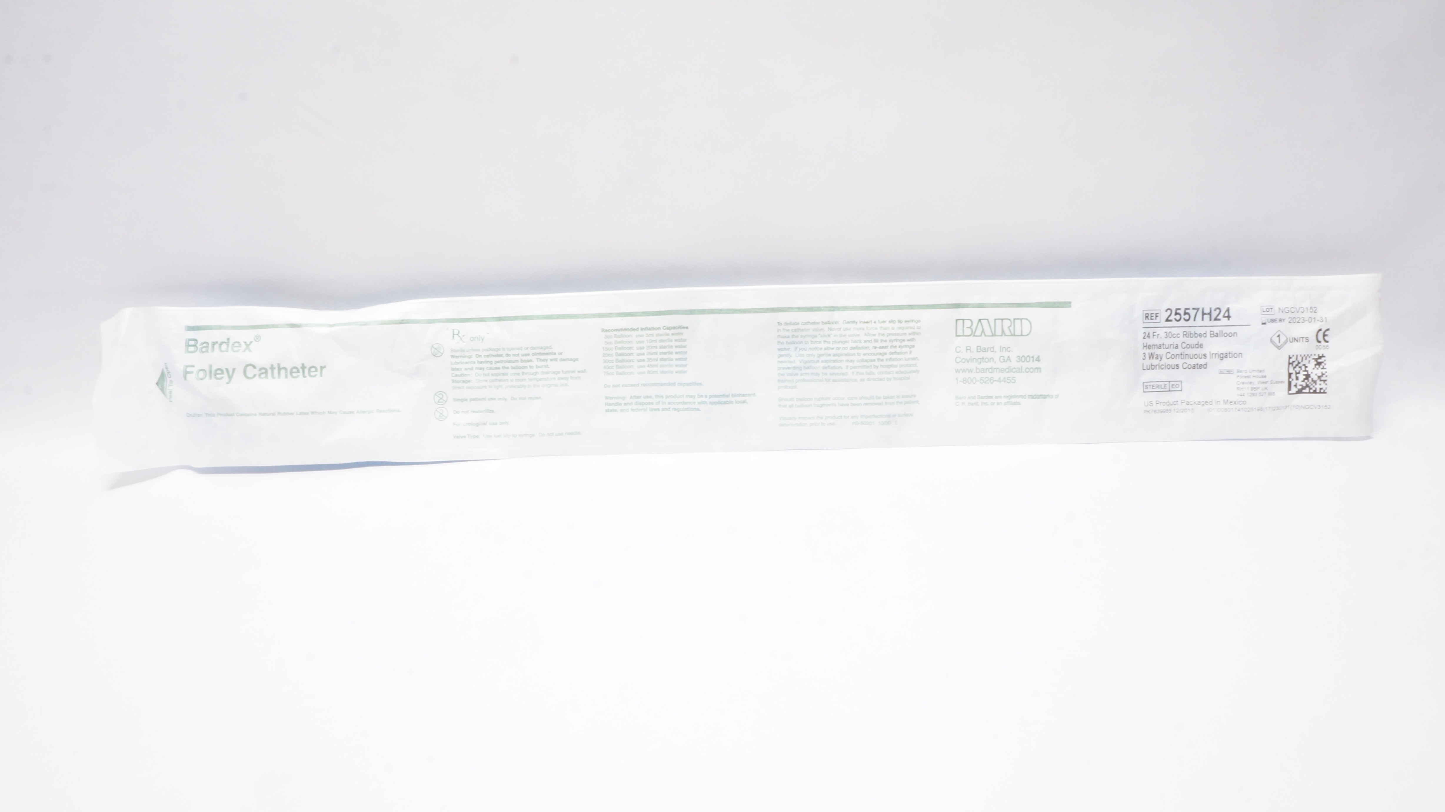 Bard 2557H24 Bardex Lubricath Hematuria Coude Foley Cath. 24Fr. (x)
