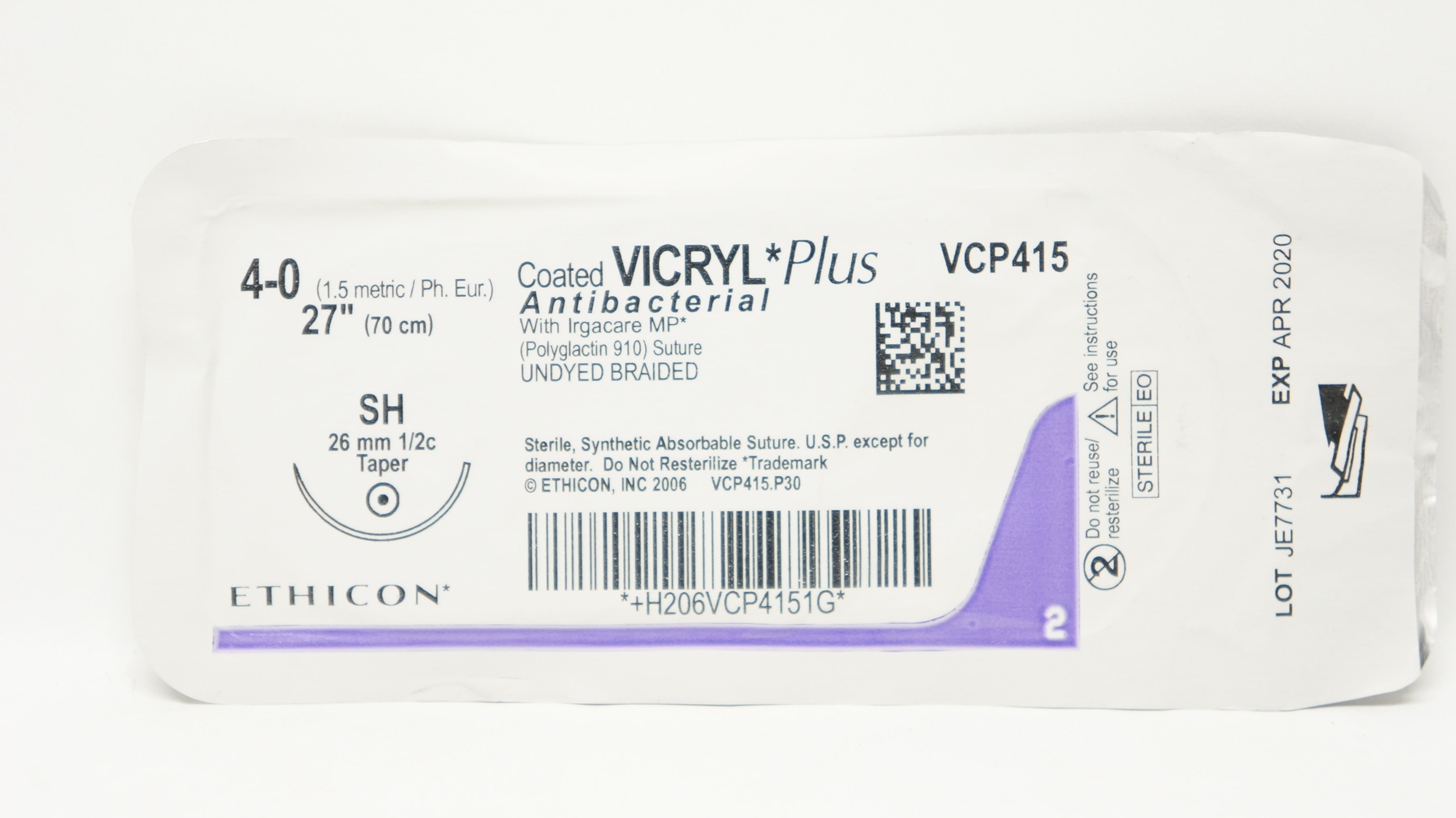Ethicon VCP415 4-0 Coated Vicryl Plus Stre SH 26mm 1/2c Taper, 27inch (x)