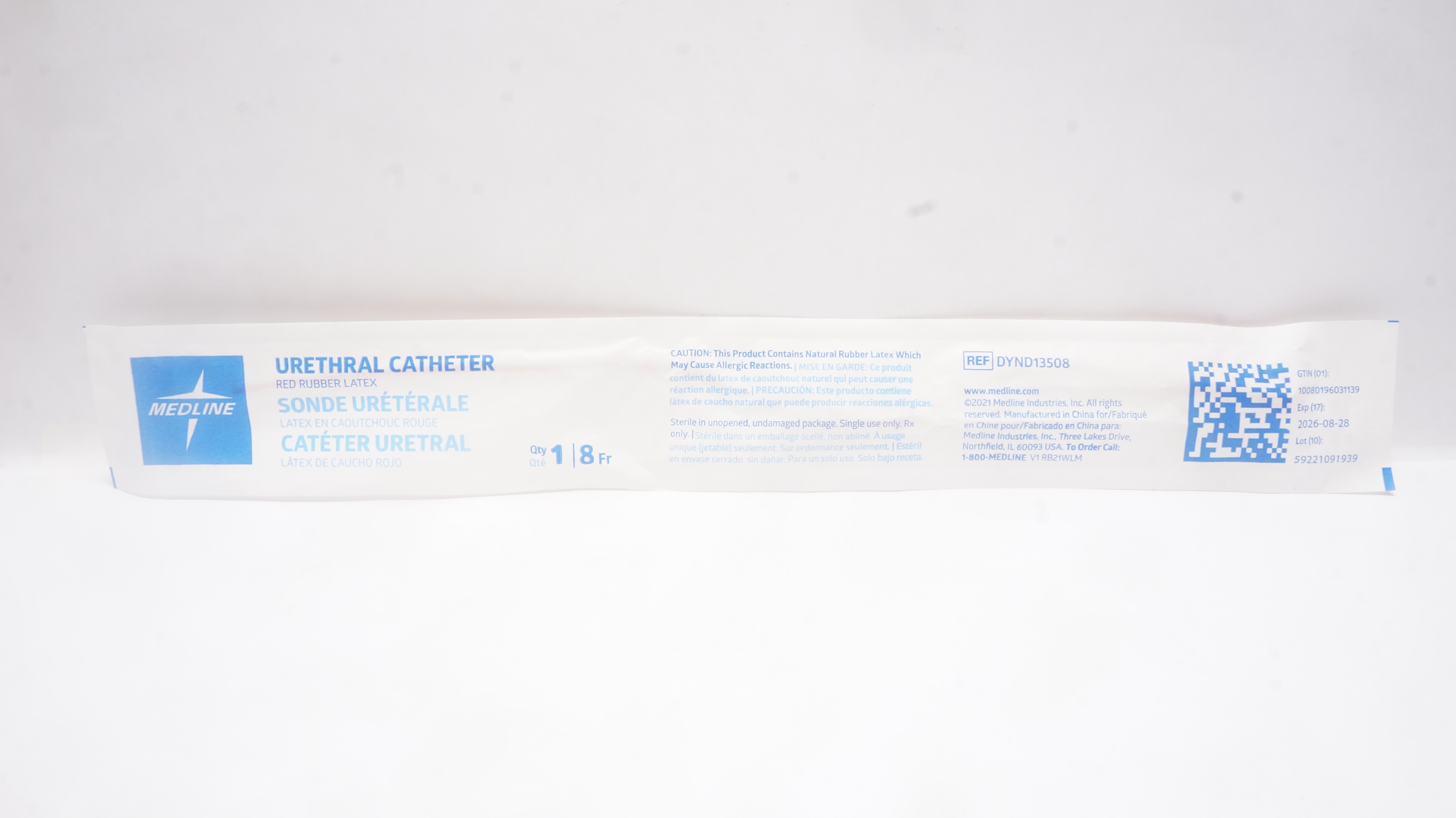 Medline DYND13508 Urethral Cath Red Rubber Latex 8Fr.