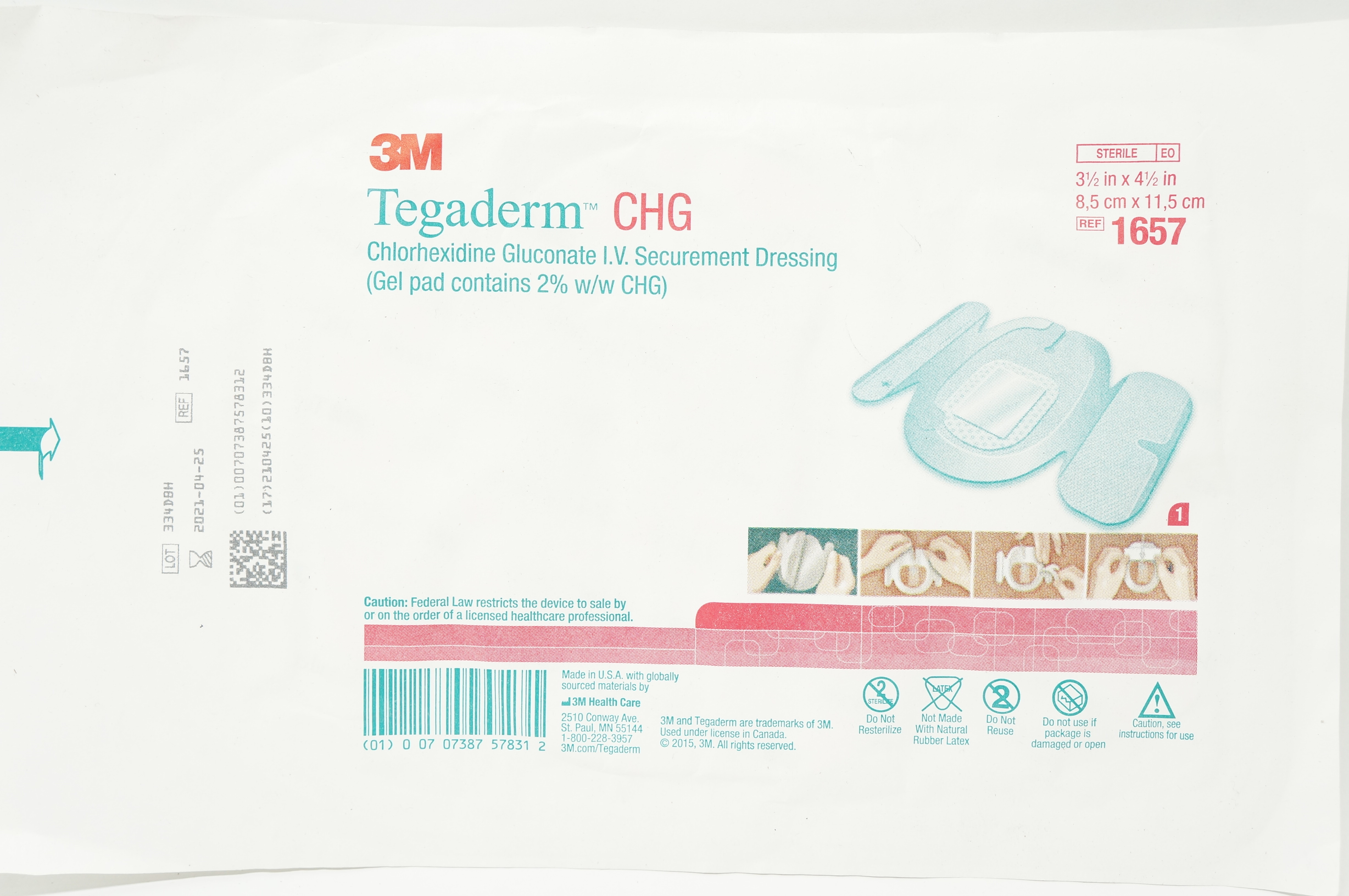 3M 1657 Chlorhexidine Gluconate I.V. Securement Dressing 3-1/2in. x 4-1 ...