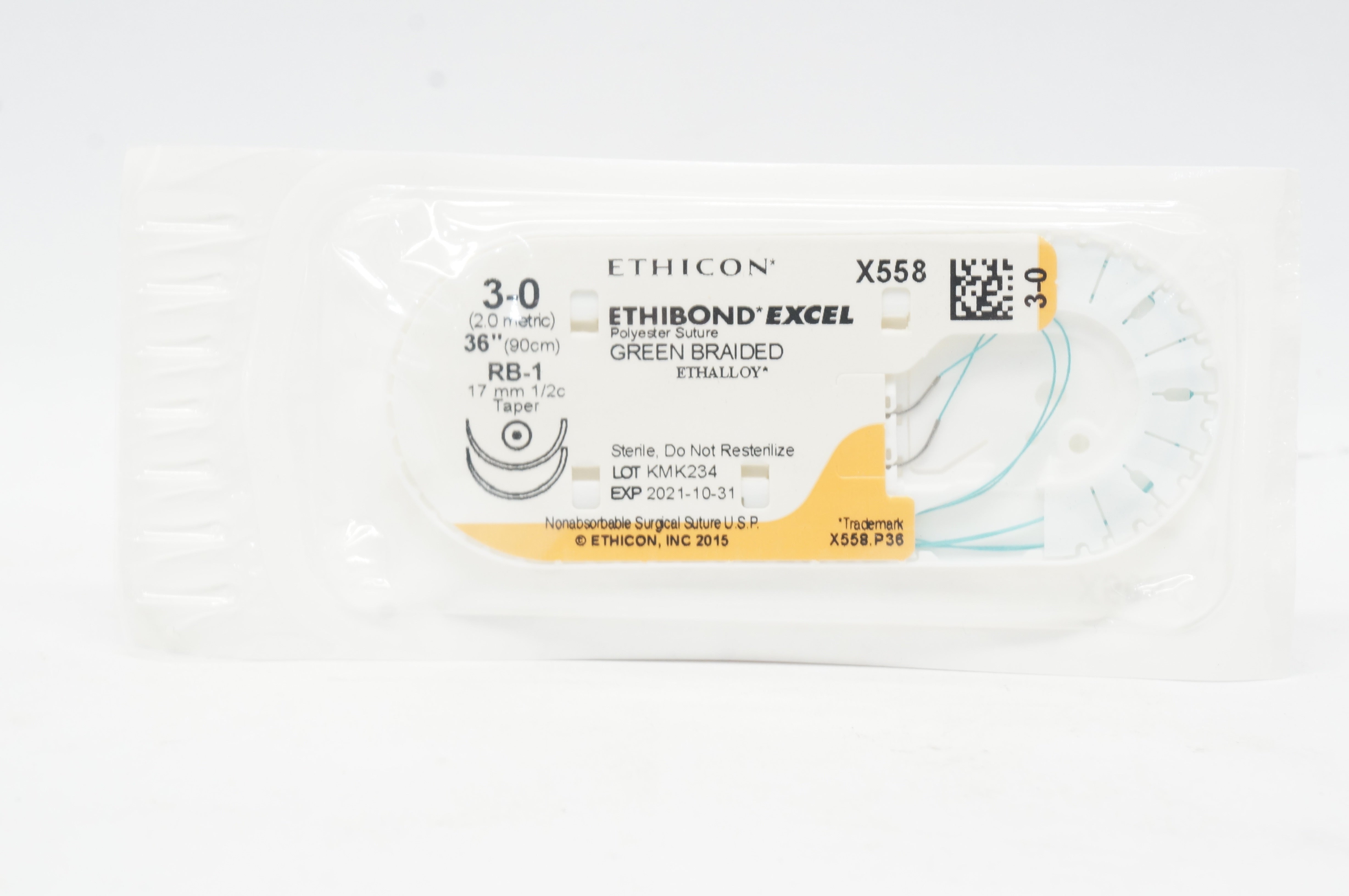 Ethicon X558 3-0 Ethibond Excel Polyester Stre RB-1 17mm 1/2c Taper 36 inch