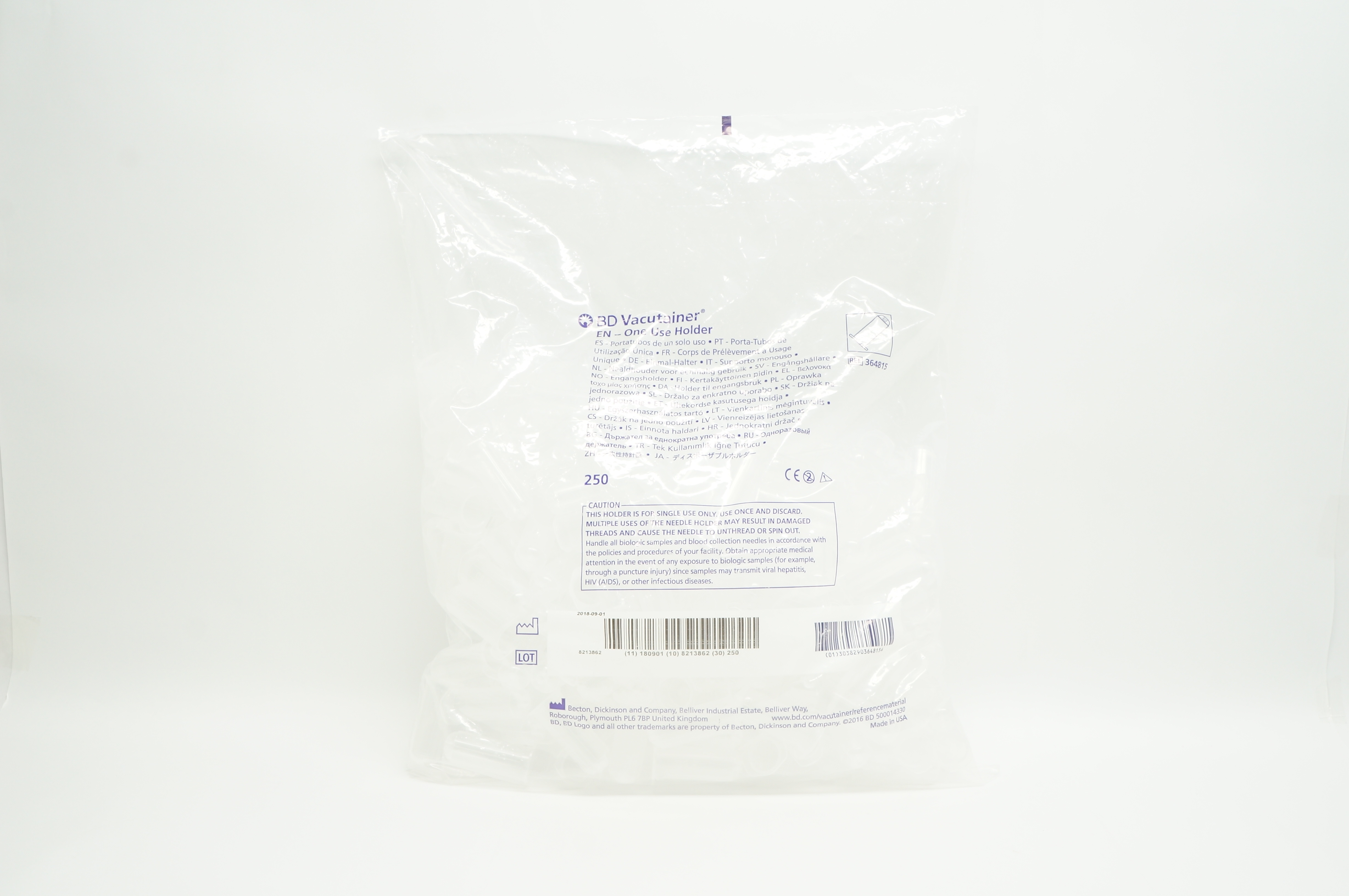 BD 364815 Vacutainer One-Use Holder - Pack of 250