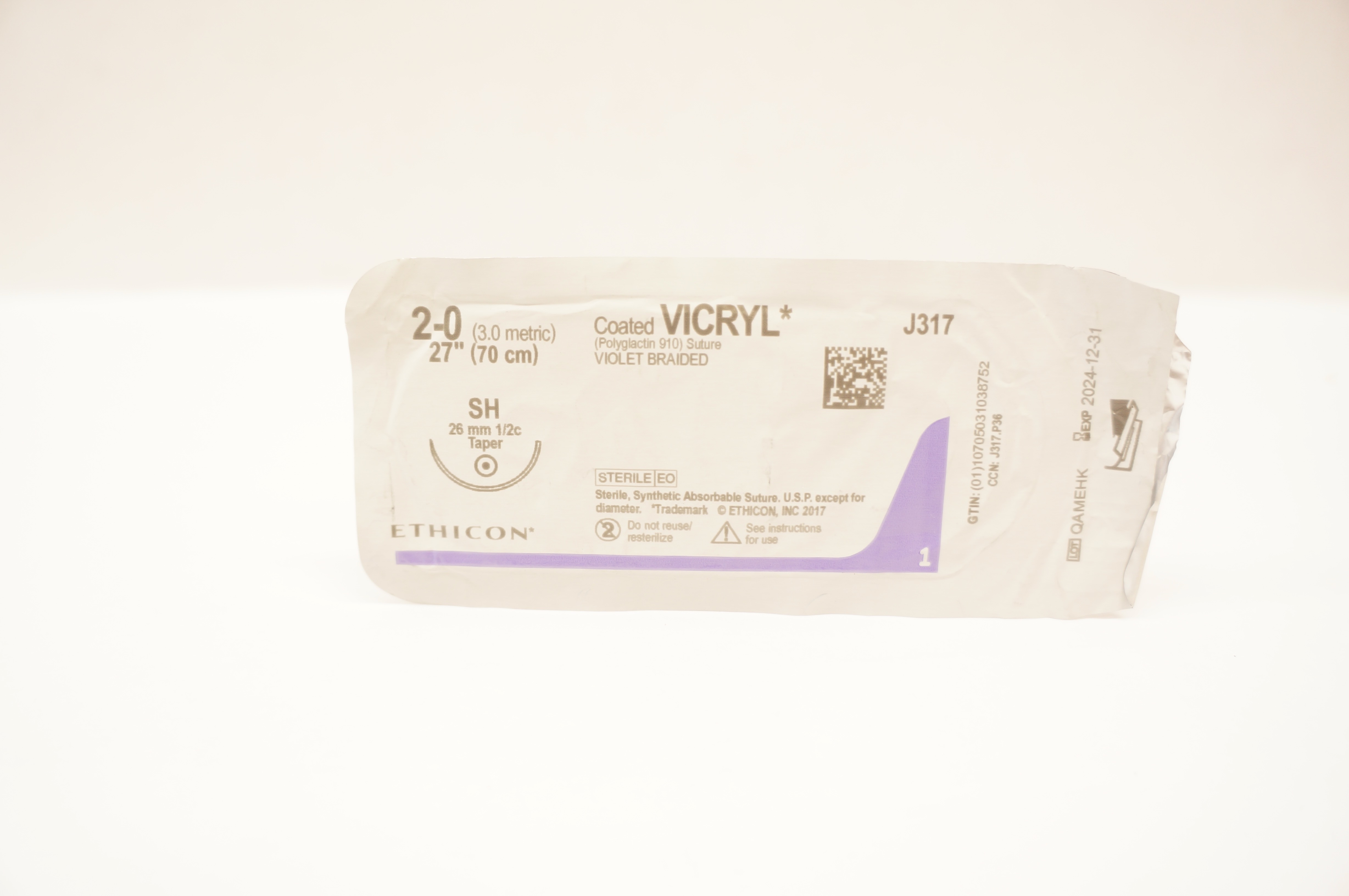 Ethicon J317 2-0 Coated VICRYL, SH, 26mm 1/2c Taper, 27inch