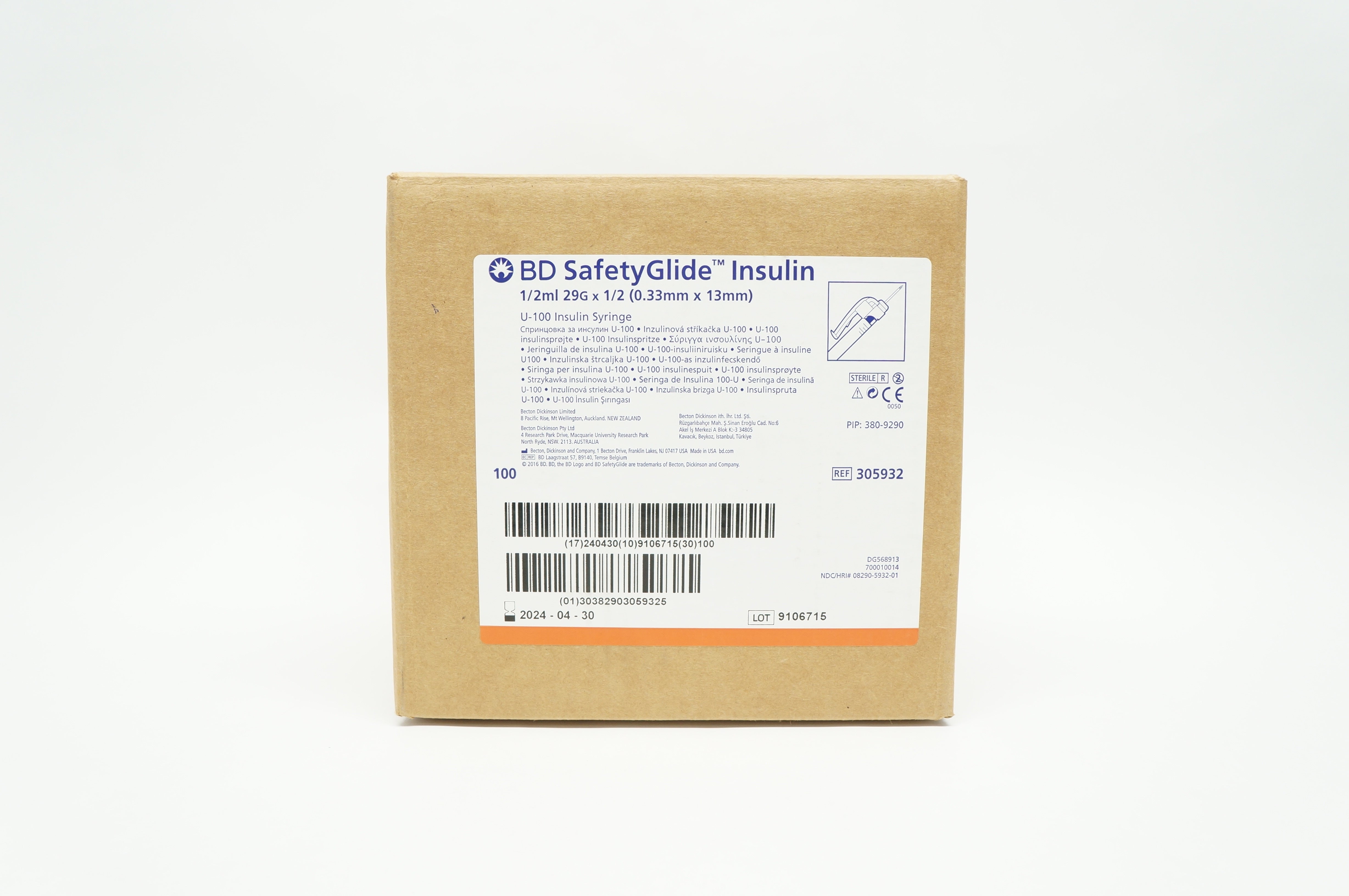 BD 305932 SafetyGlide Insulin U-100 Insulin Syringe 1/2ml 29G x 1/2 ...