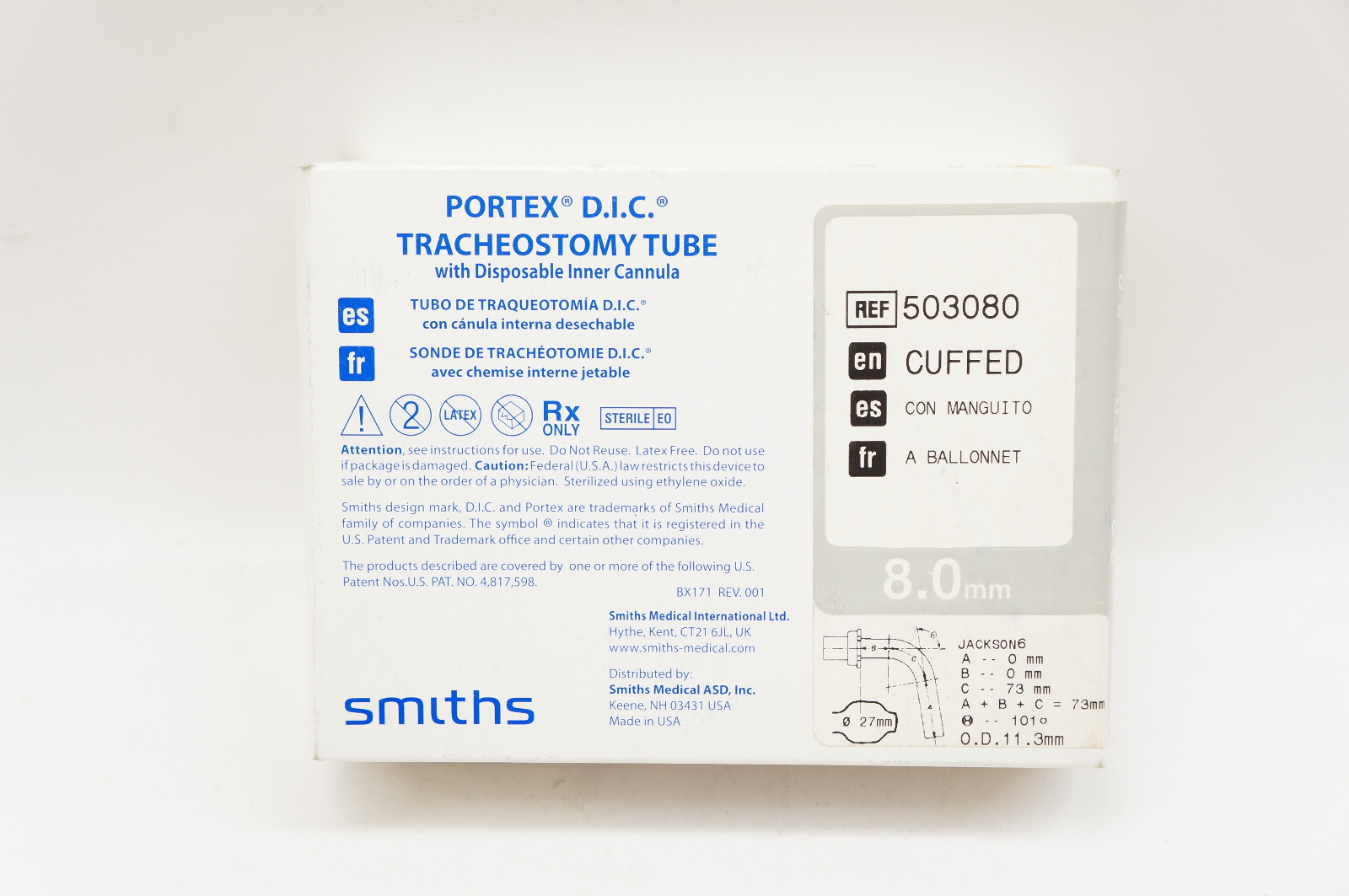 Smiths Medical 503080 Portex D.I.C. Tracheostomy Tube 8.0mm, Cuffed (x)