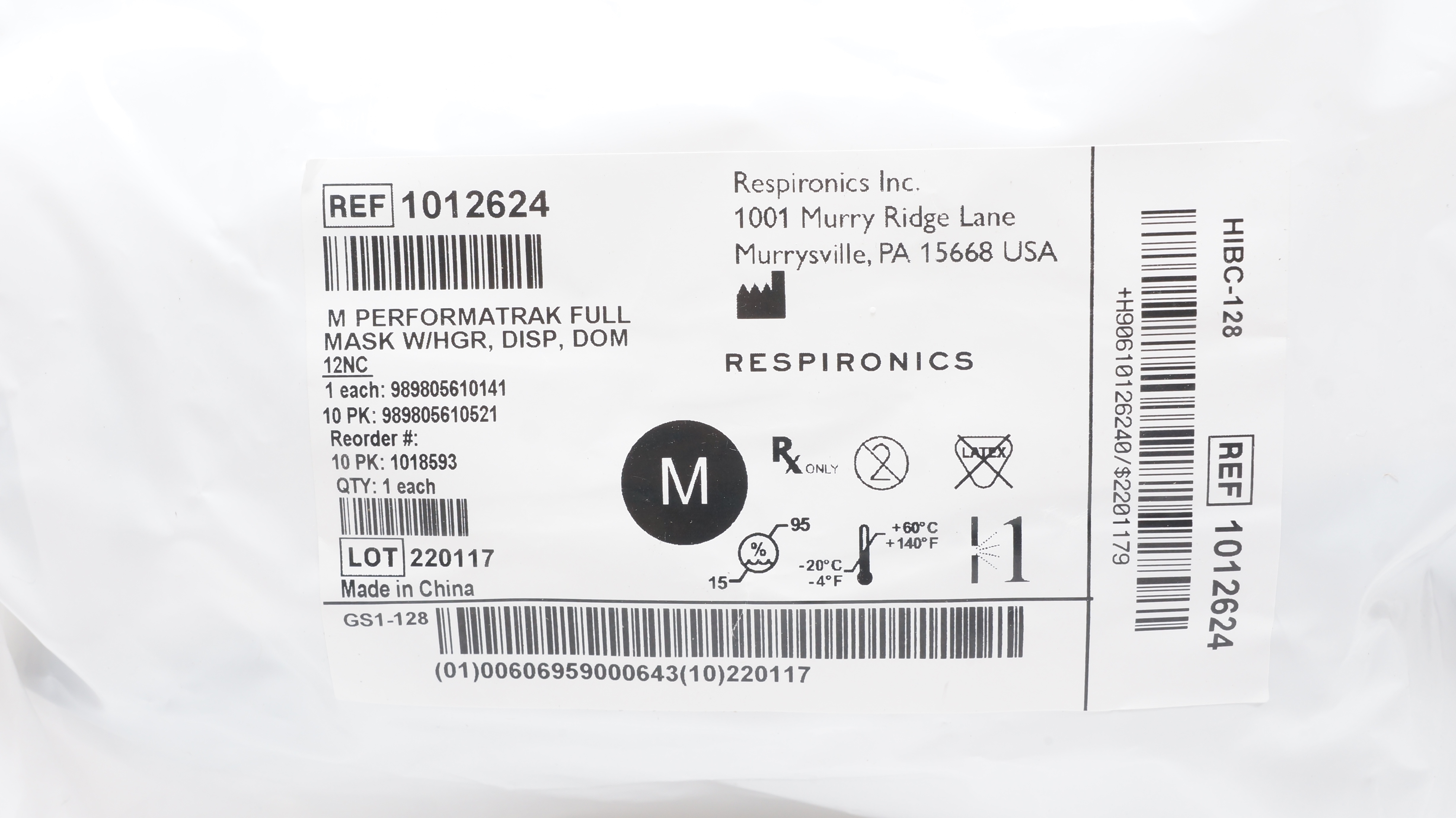 Respironics 1012624 M Performatrak Full Mask w/HGR, Disposable, Dom