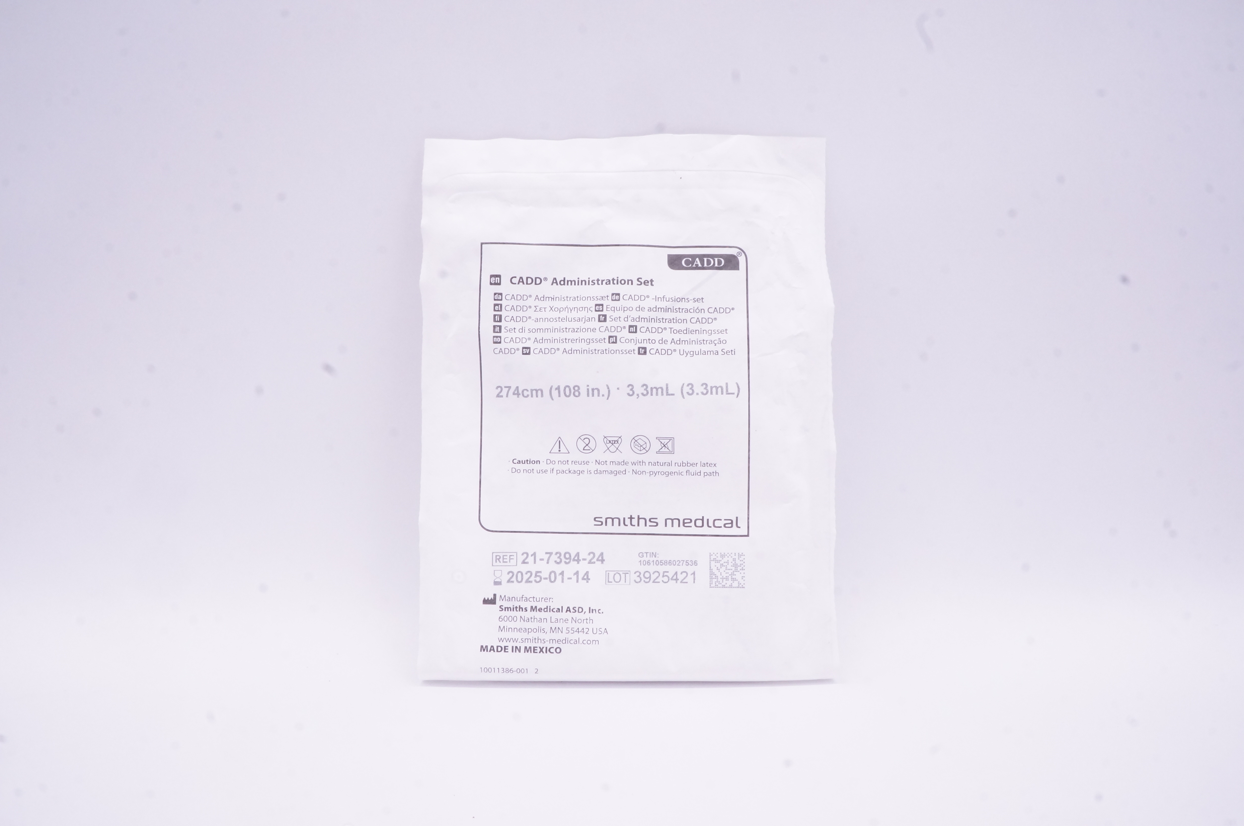 Smiths Medical 21-7394-24 CADD Administration Set 108 inch x 3.3.mL