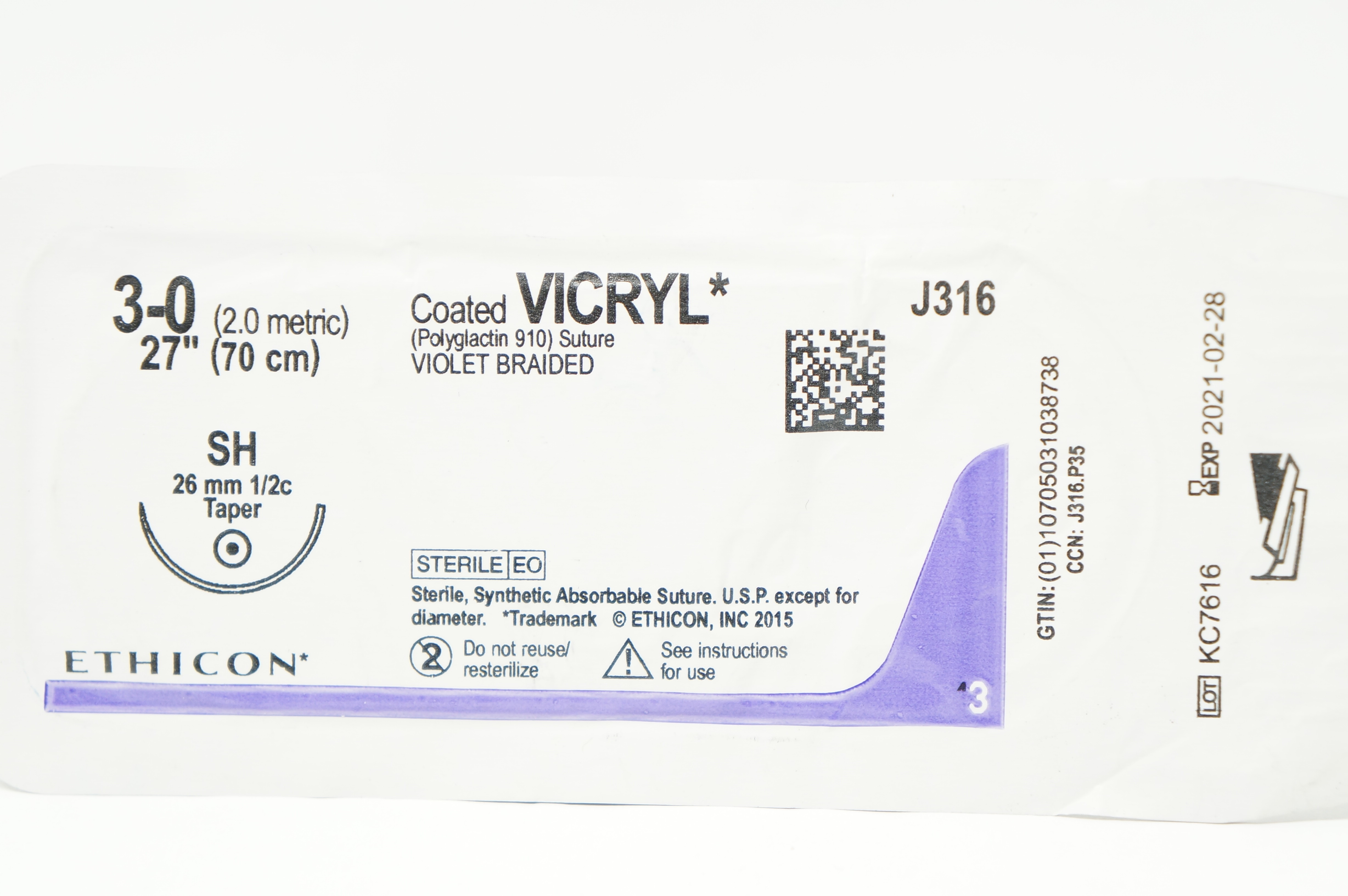 Ethicon J316 3-0 Coated VICRYL Polyglactin 910 Stre SH 26mm 1/2c Taper ...