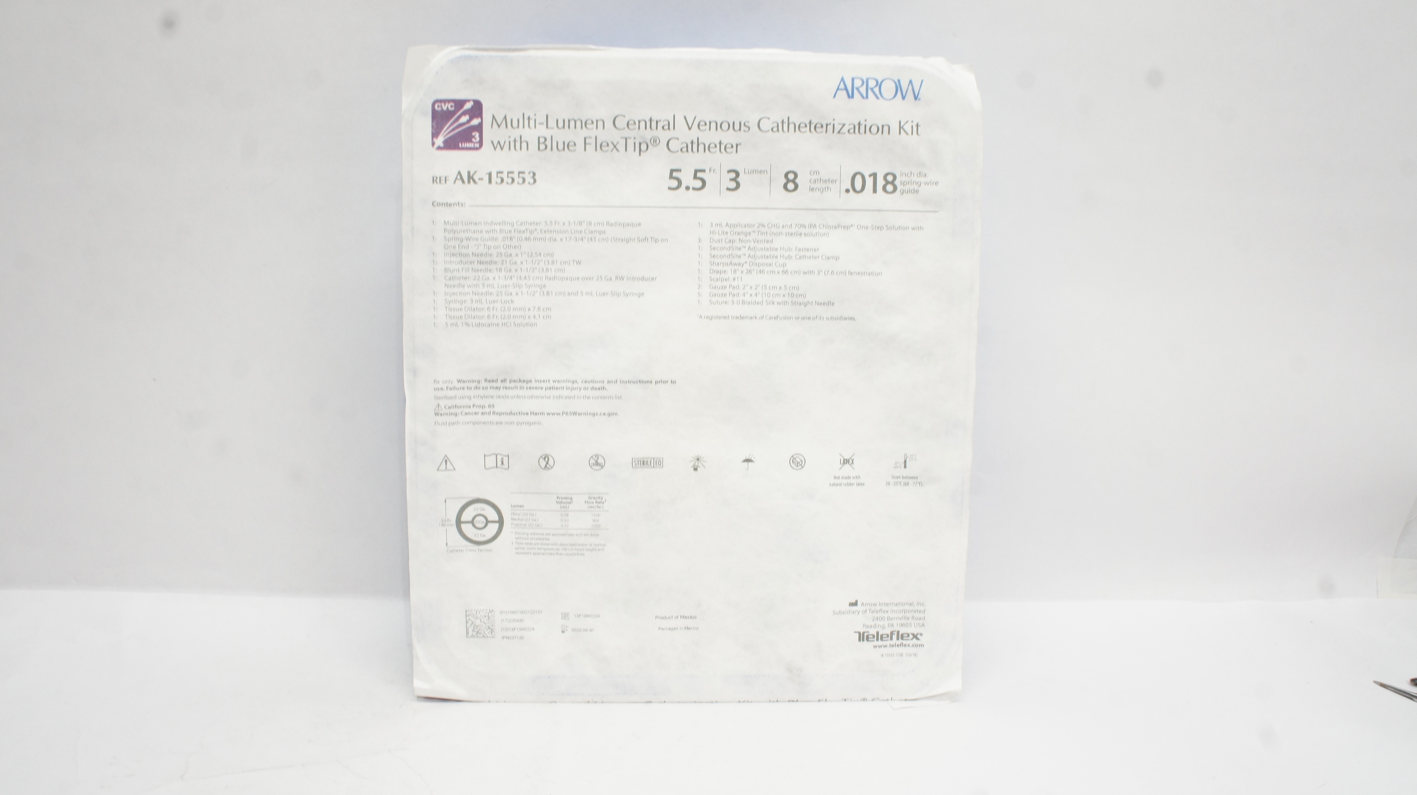 Arrow AK-15553 Multi-Lumen Central Venous Catheterization Kit 5.5Fr x ...