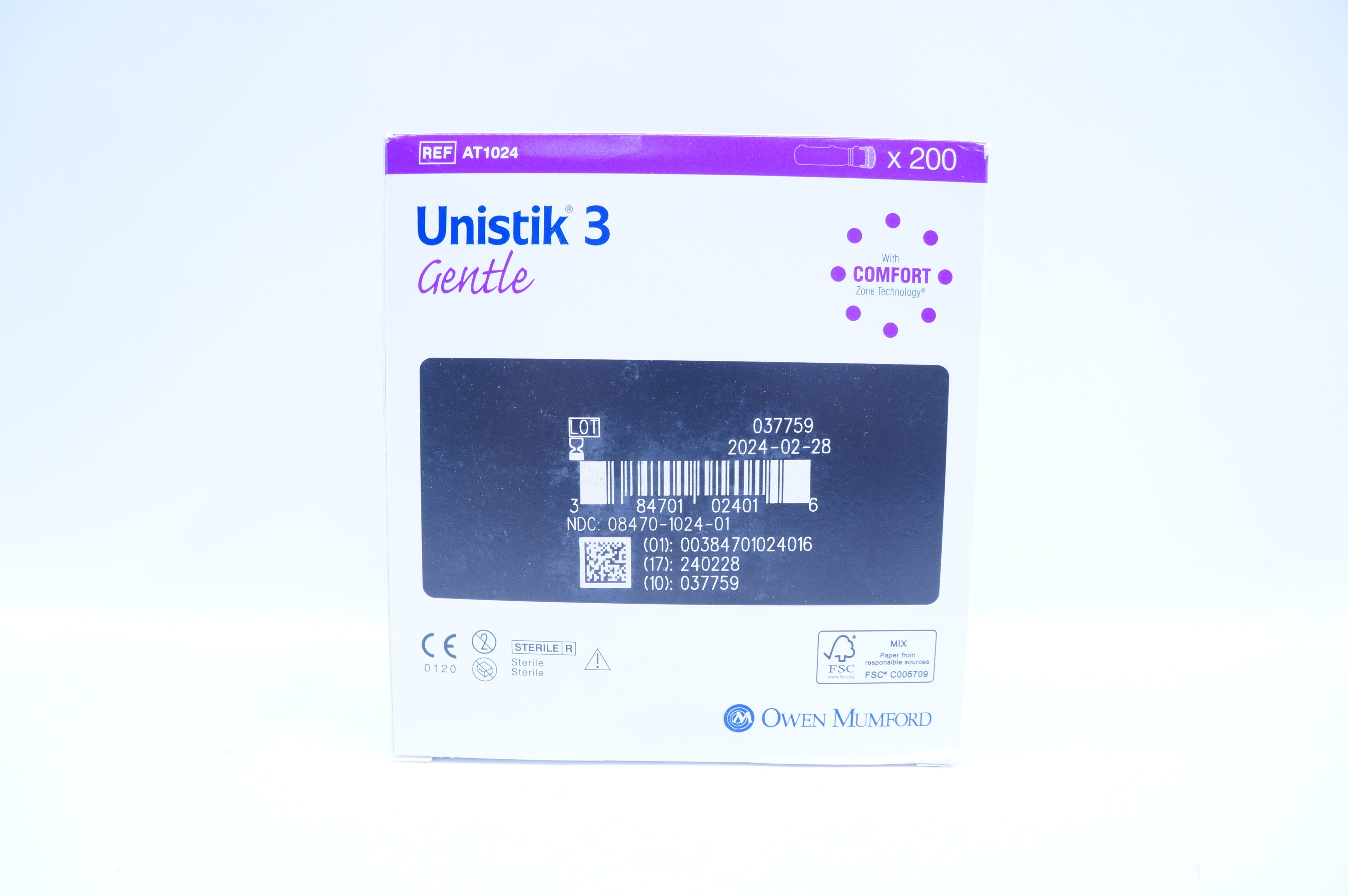 Owen Mumford AT1024 Unistik 3 Gentle Safety Lancet 30G x 1.5mm - Box of 200