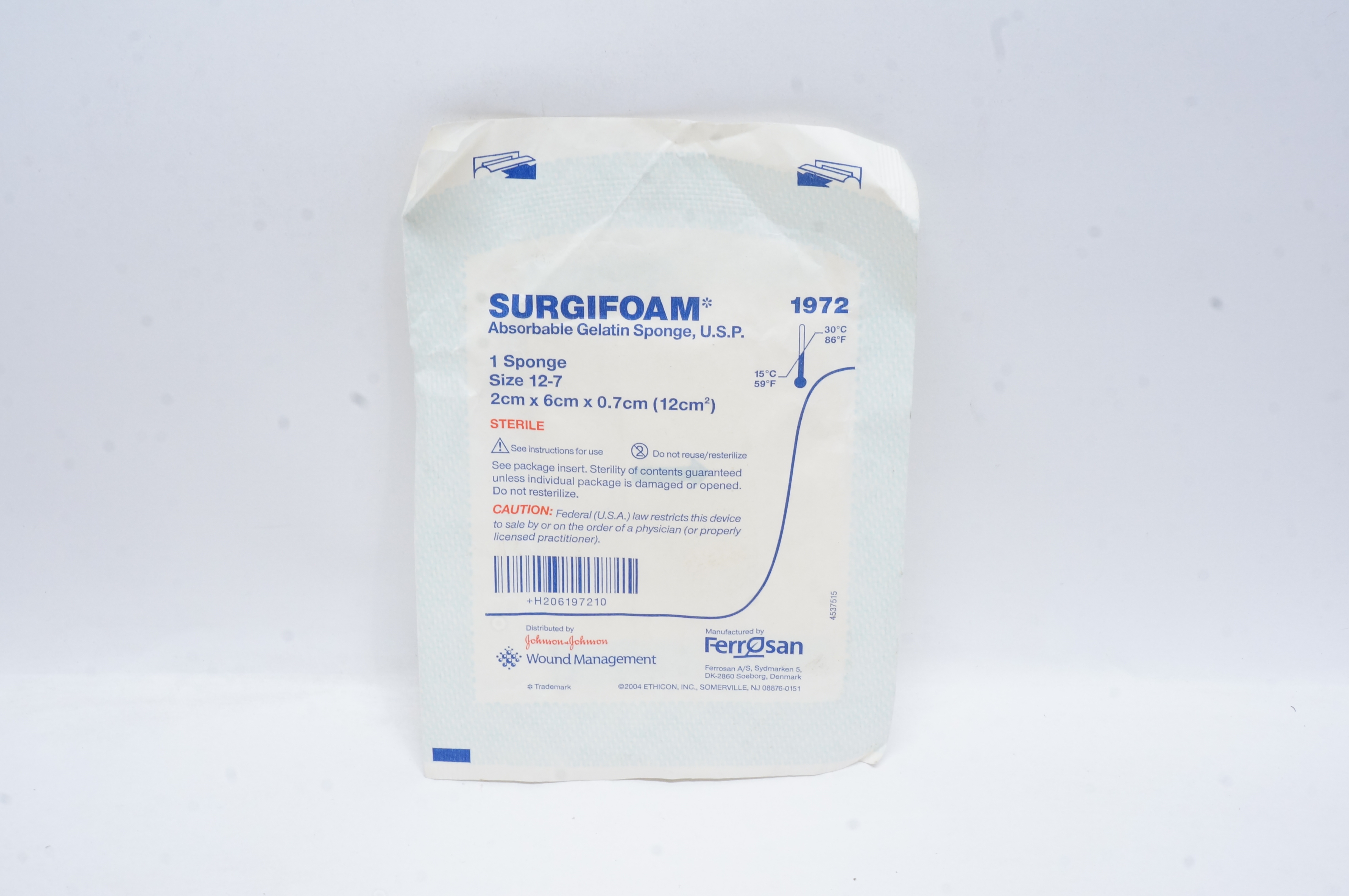 Ethicon 1972 SURGIFOAM Absorbable Gelatin Sponge, USP Size 12-7, 2cm x ...