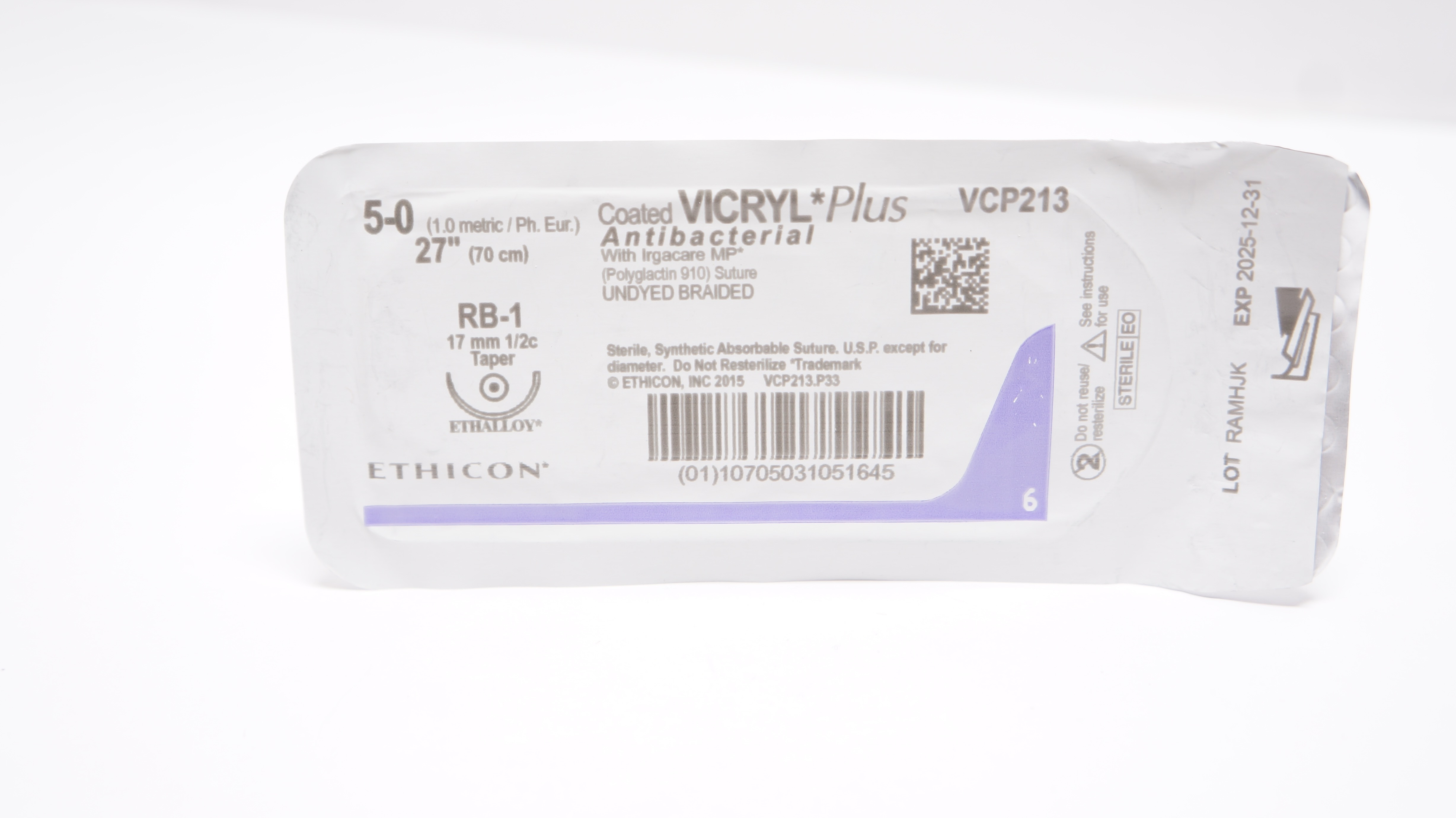 Ethicon VCP213 5-0 VICRYL Plus, RB-1 17mm 1/2c Taper, 27inch
