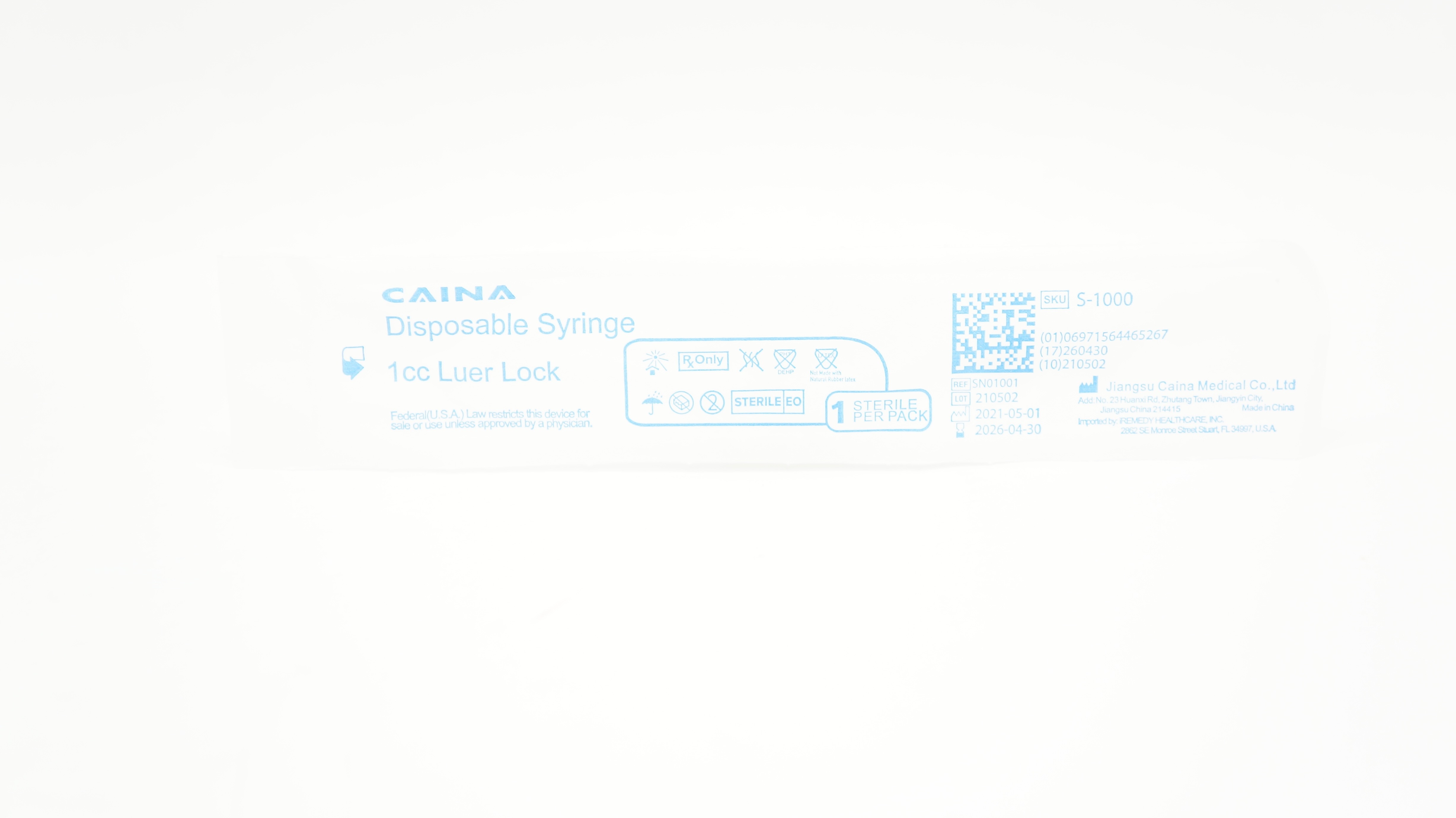 Jiangsu Caina Medical SN01001 Disposable Syringe 1cc Luer Lock