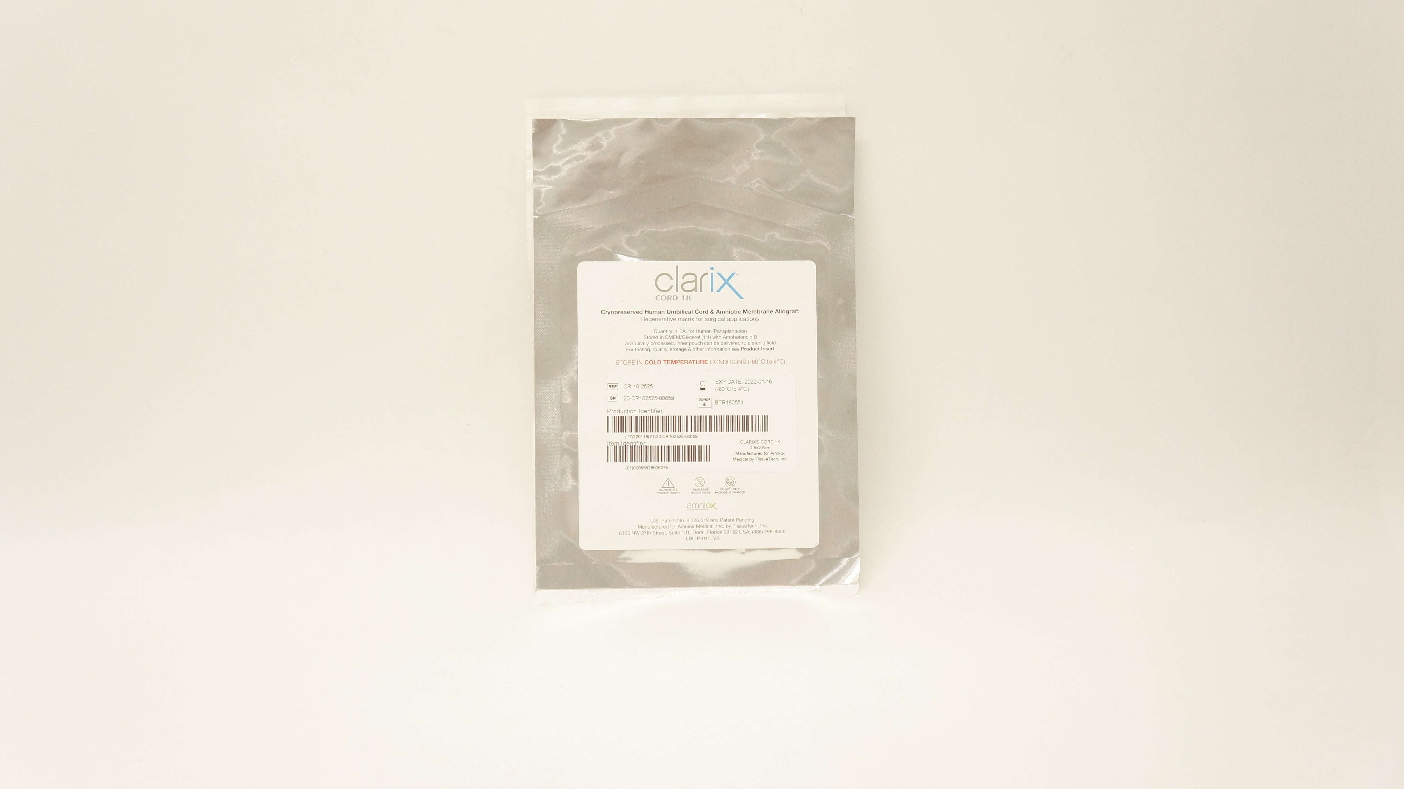 Amniox CR-10-2525 Clarix Cord 1K Human Umbilical Cord & Membrane 2.5x2.5cm
