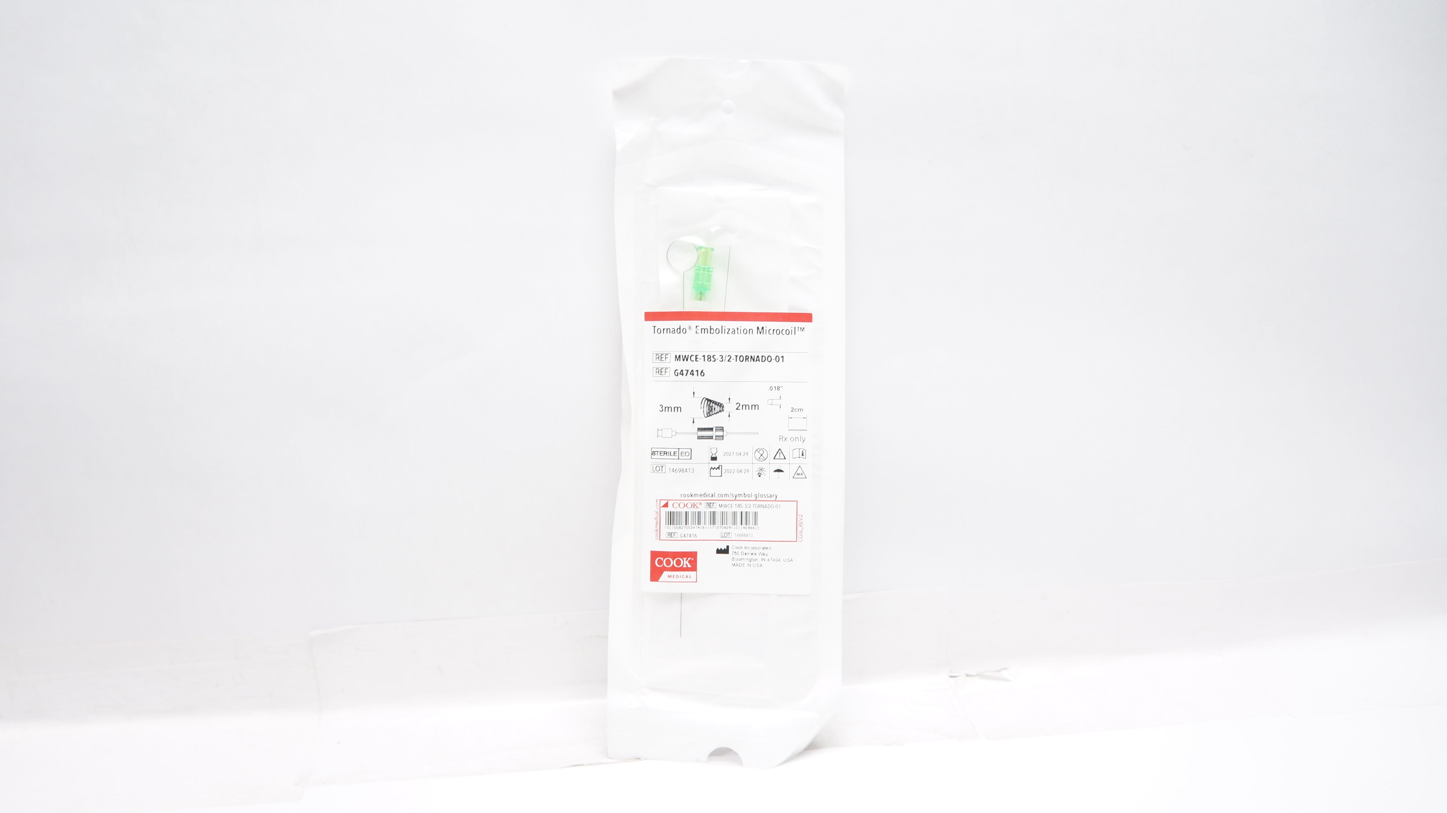 Cook Medical G47416 Tornado Embolization Microcoil .018inch x 2cm x 3-2mm