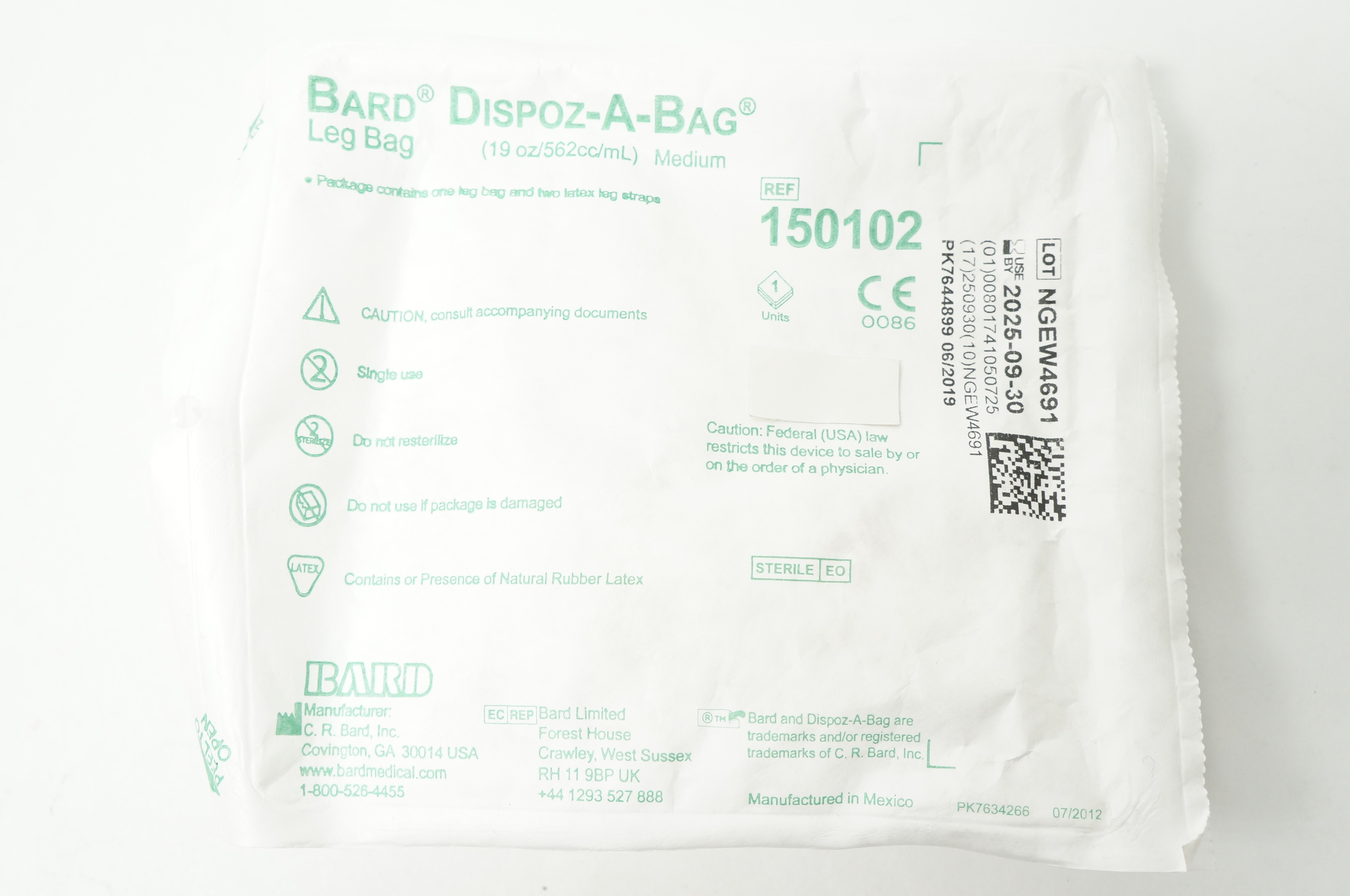 Bard 150102 Dispoz-A-Bag Leg Bag 19oz/562cc/mL Medium