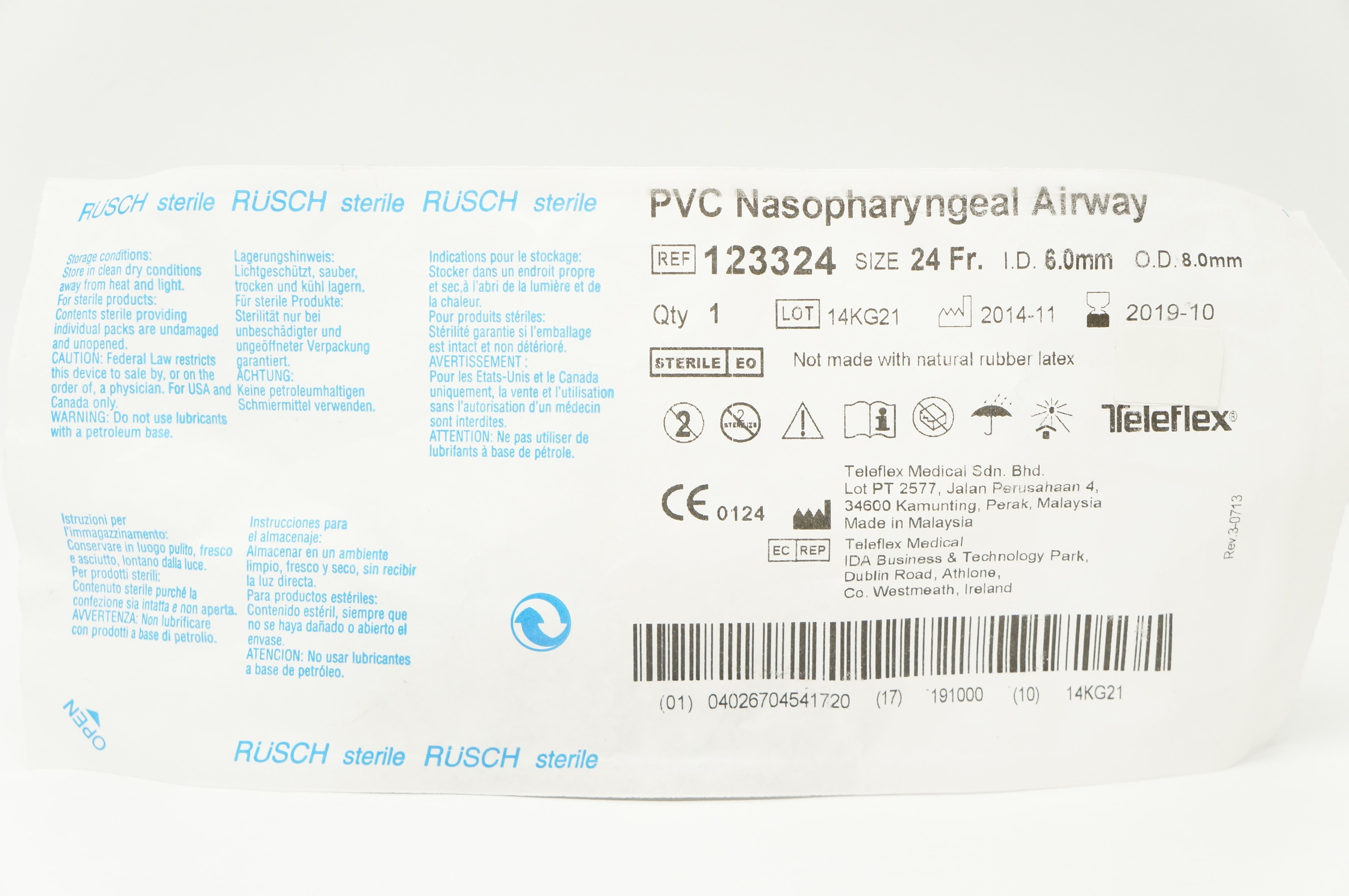 Teleflex 123324 Rusch PVC Nasopharyngeal Airway 24Fr. x ID 6.0mm x OD 8 ...