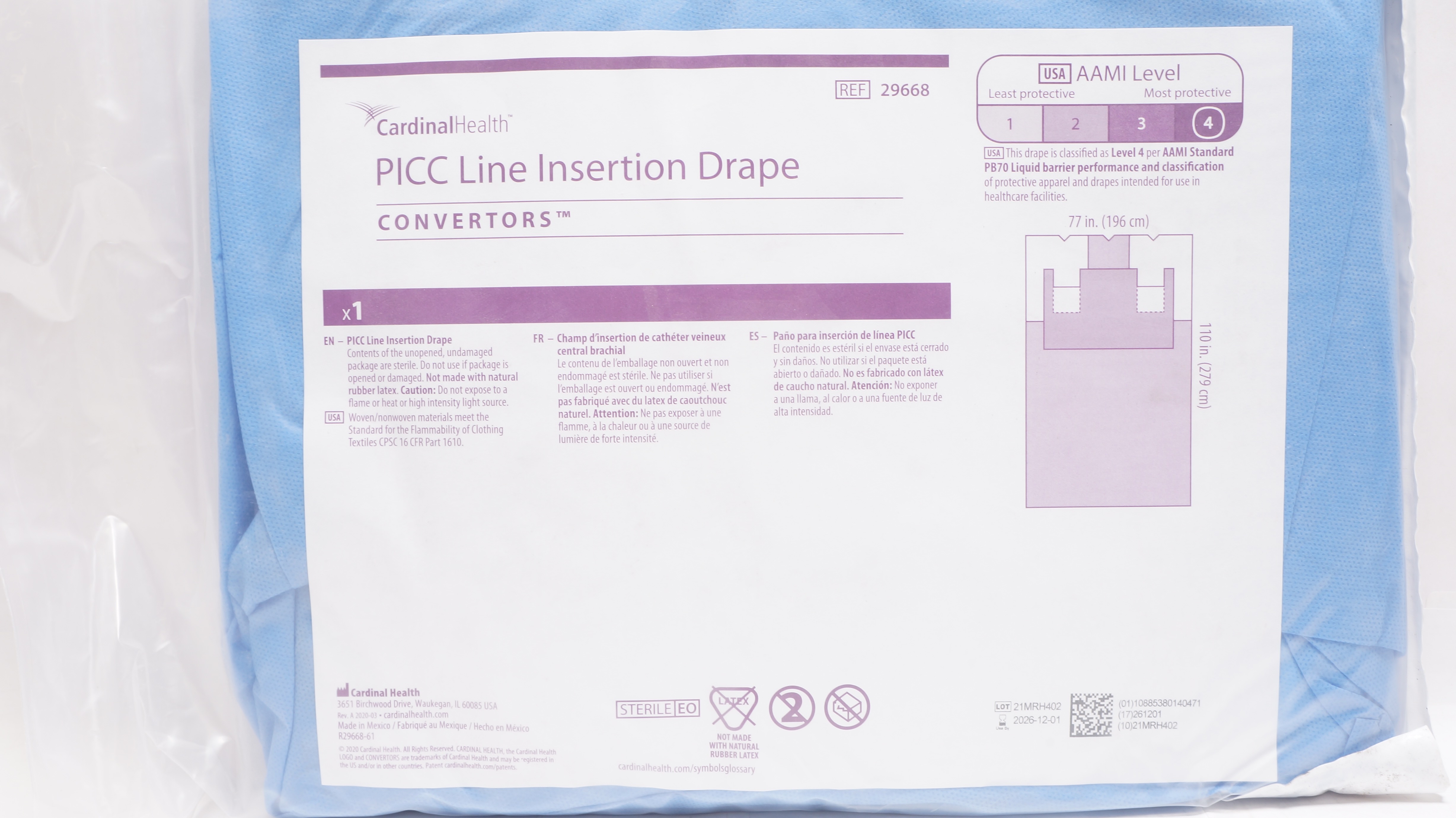 Cardinal Health 29668 Convertors PICC Line Insertion Drape 77 x 110inch