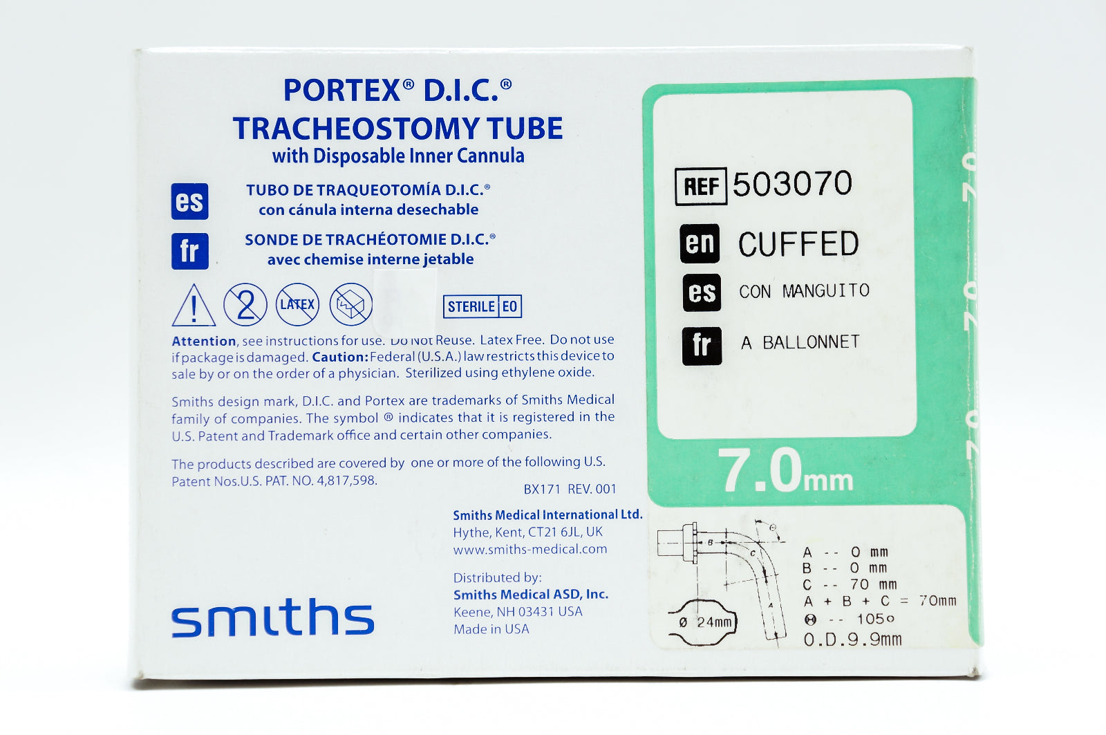 Smiths Medical 503070 Portex DIC Tracheostomy Tube, Cuffed 7.0mm (x)