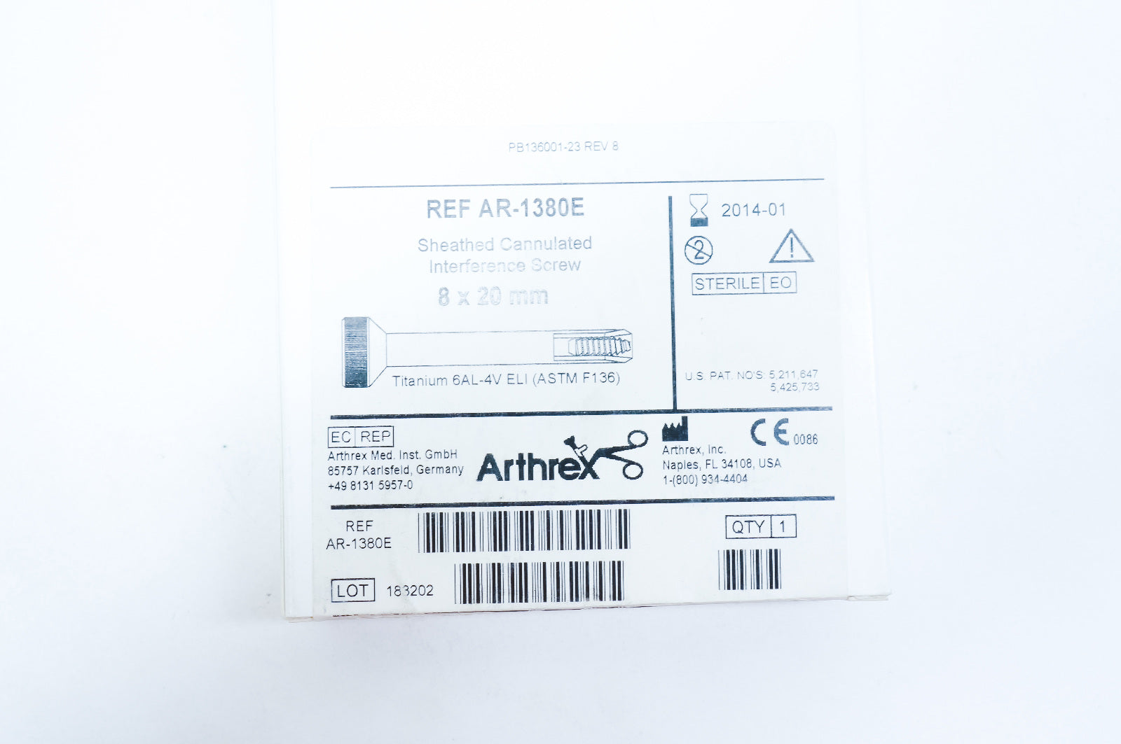 Arthrex AR-1380E Sheathed Cannulated Interference Screw 8 x 20mm (x)