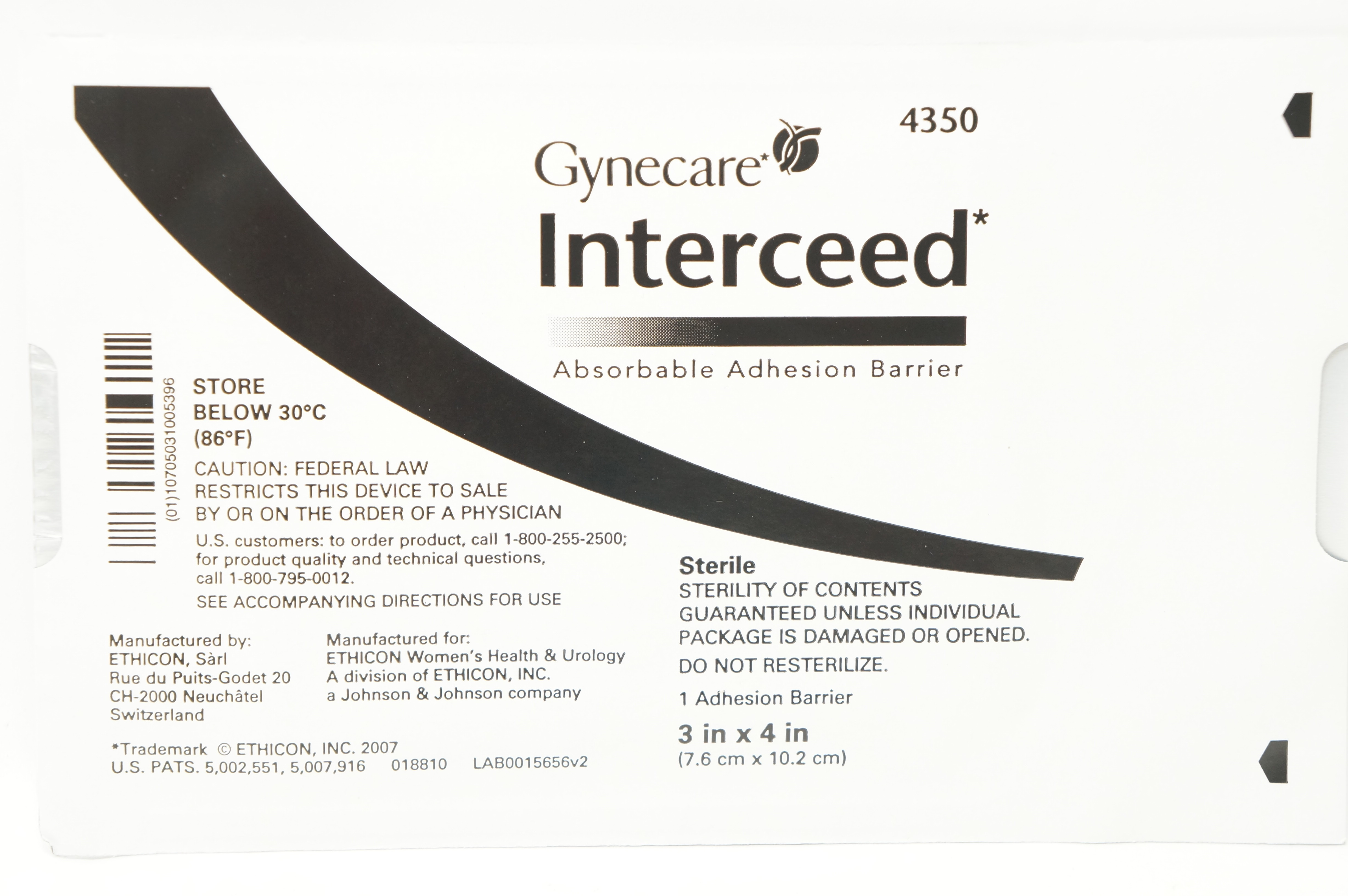 Ethicon 4350 Gynecare Interceed Absorbable Adhesive Barrier 3inch x 4inch