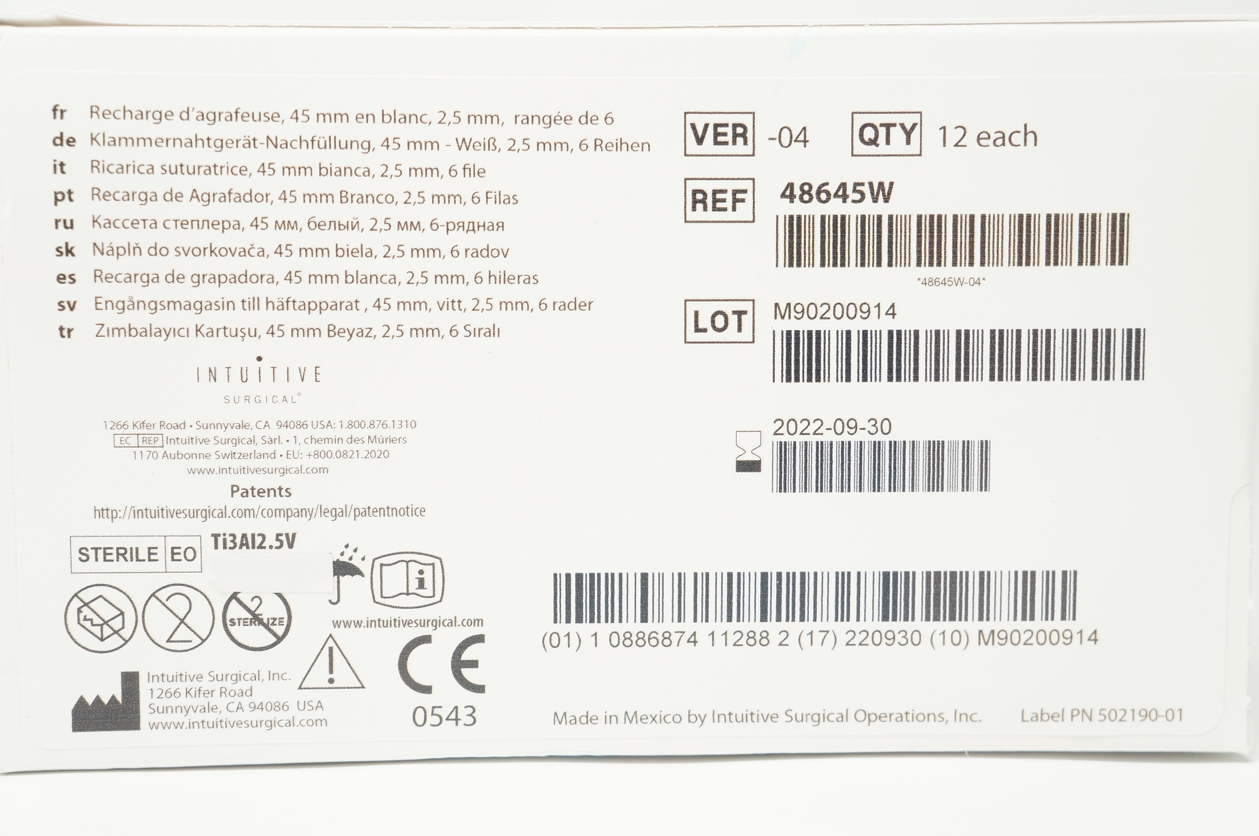 Intuitive 48645W EndoWrist Stapler 45mm Reload 6-Row White 2.5mm - Box ...