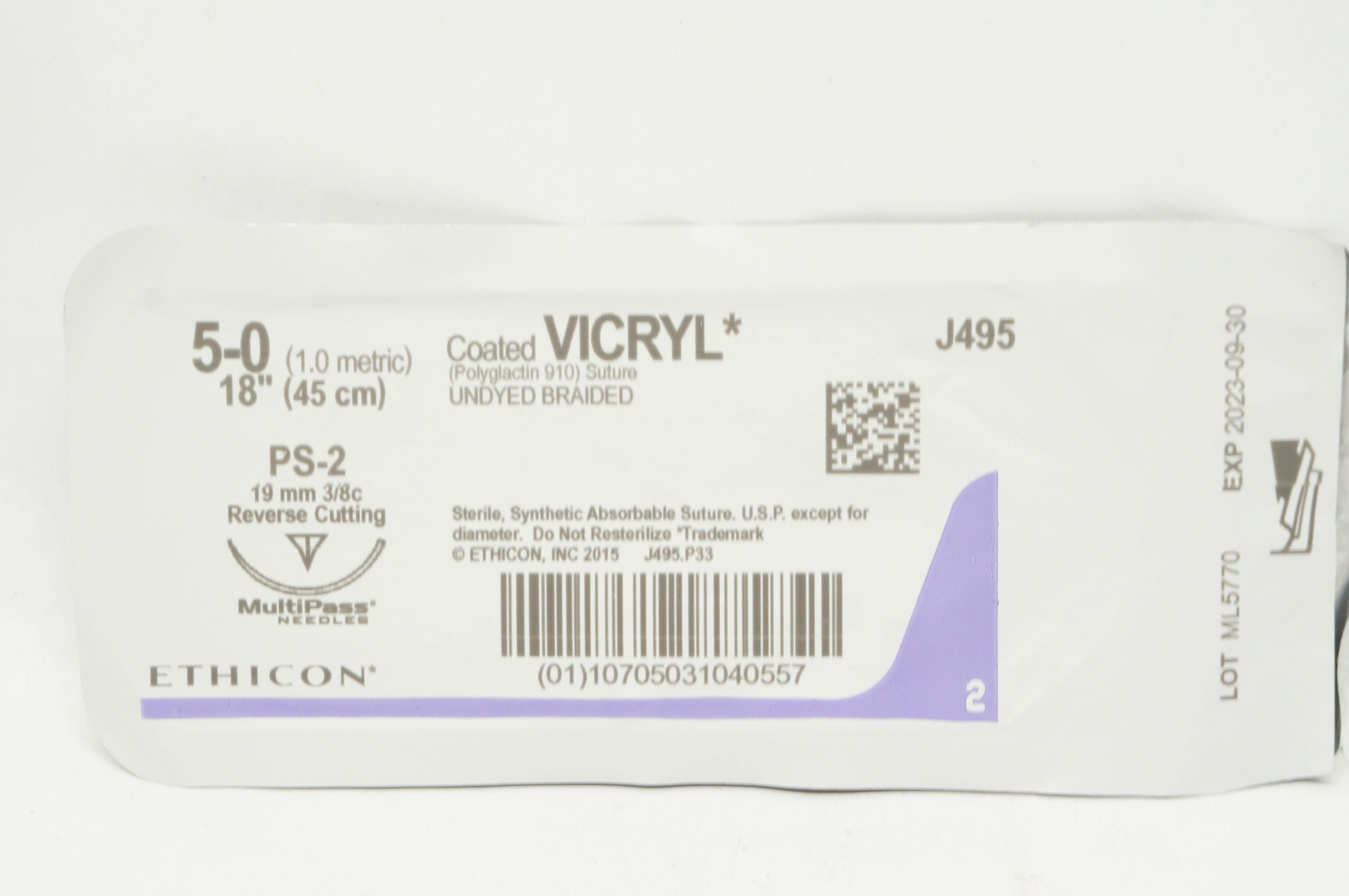 Ethicon J495 5-0 Coated Vicryl Stre PS-2 19mm 3/8c Reverse Cutting, 18inch