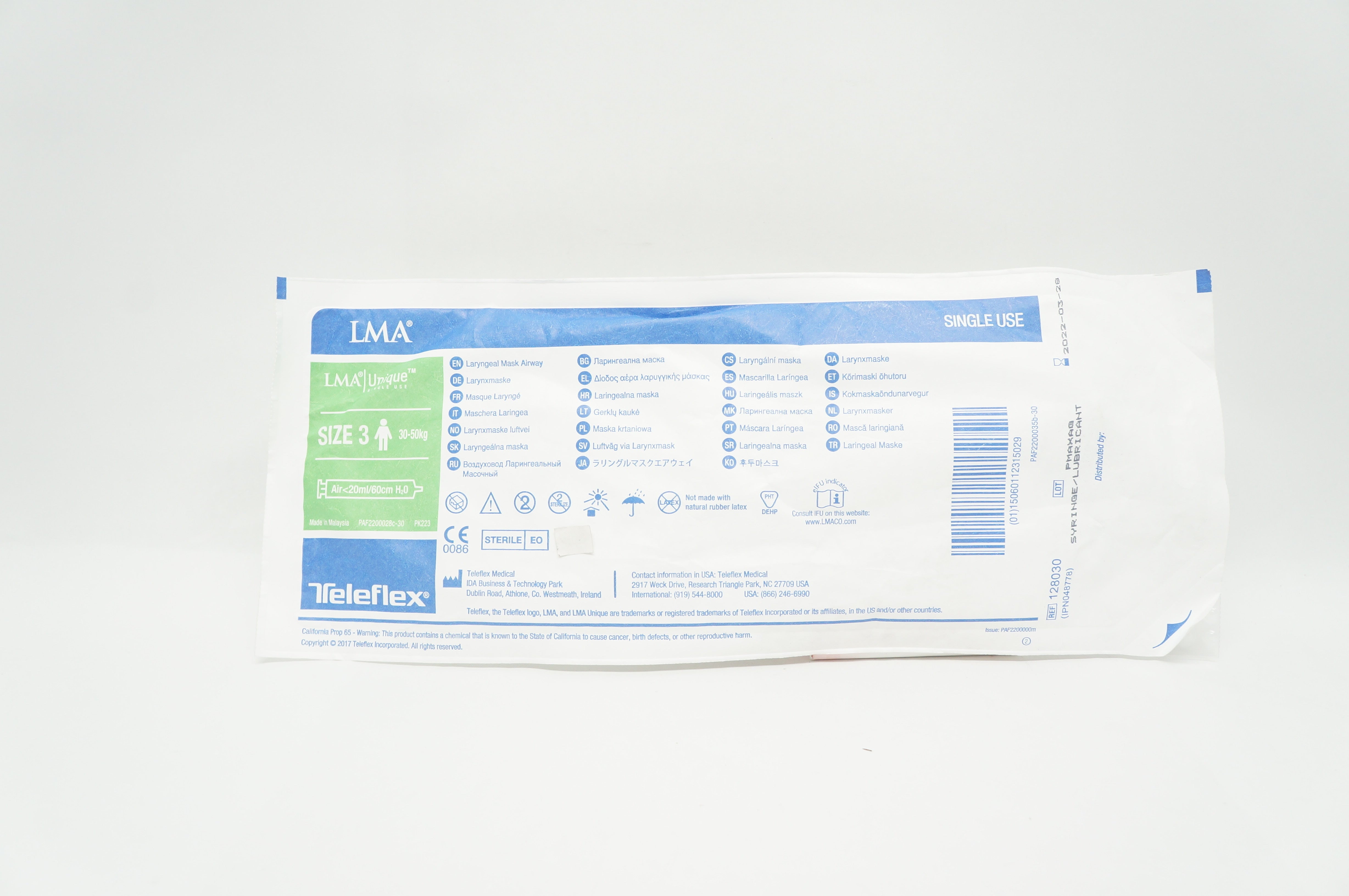 Teleflex 128030 LMA Unique Laryngeal Mask Airway, Size 3 30-50kg (x)