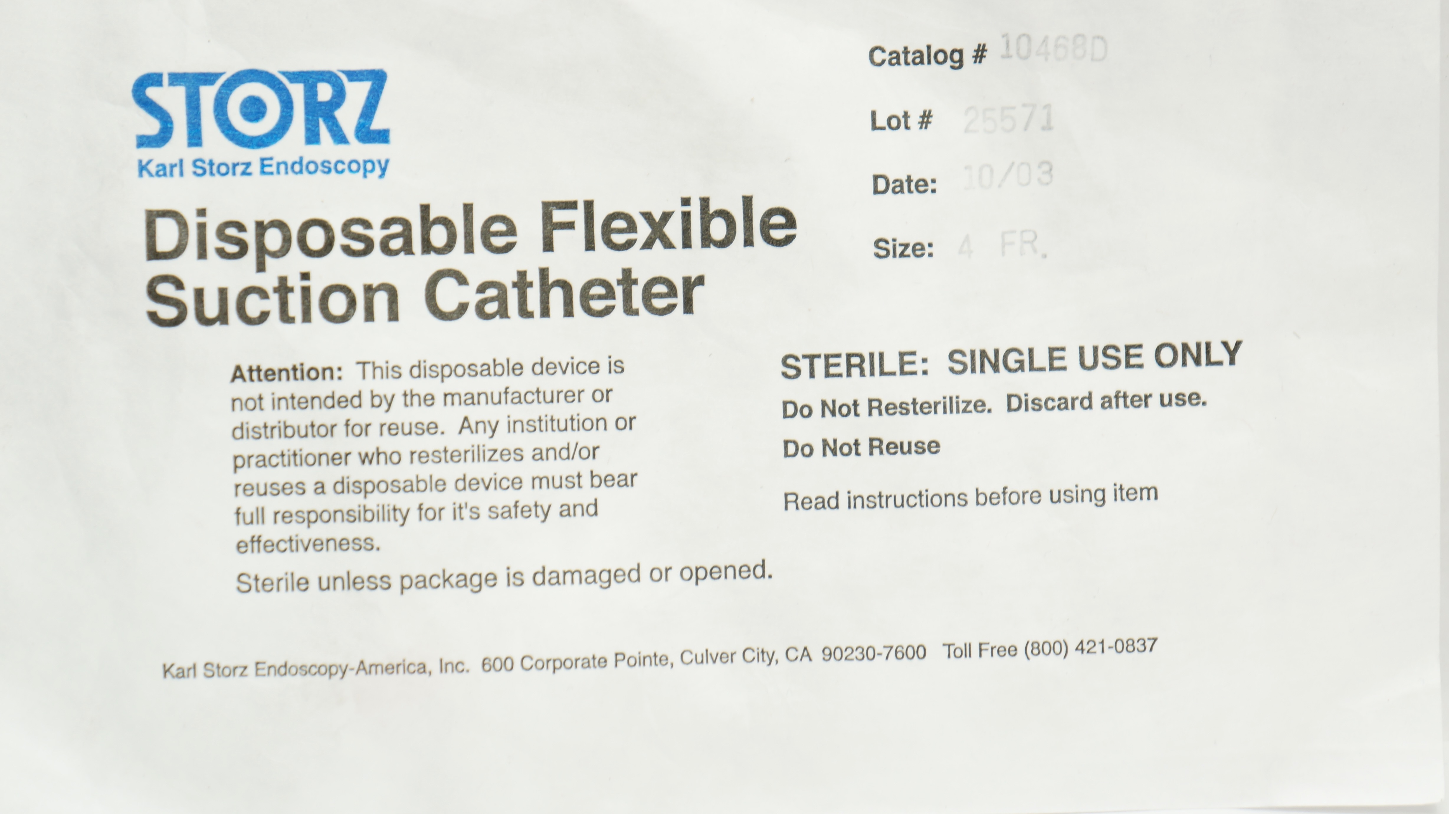 Karl Storz 10468D Flexible Suction Cath. 4 Fr.