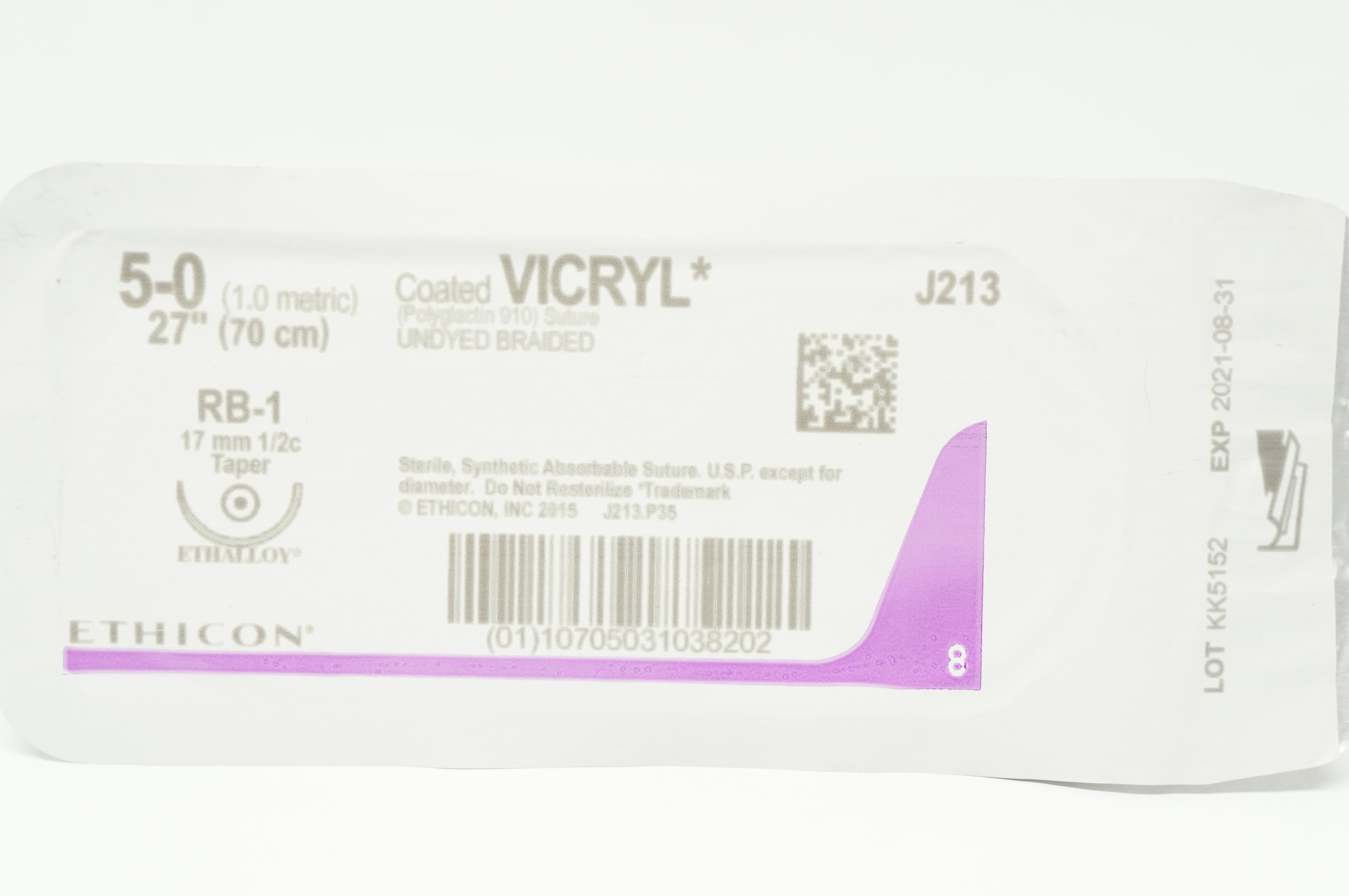 Ethicon J213 5-0 Coated VICRYL Stre RB-1 17mm 1/2c Taper, 27inch (x)