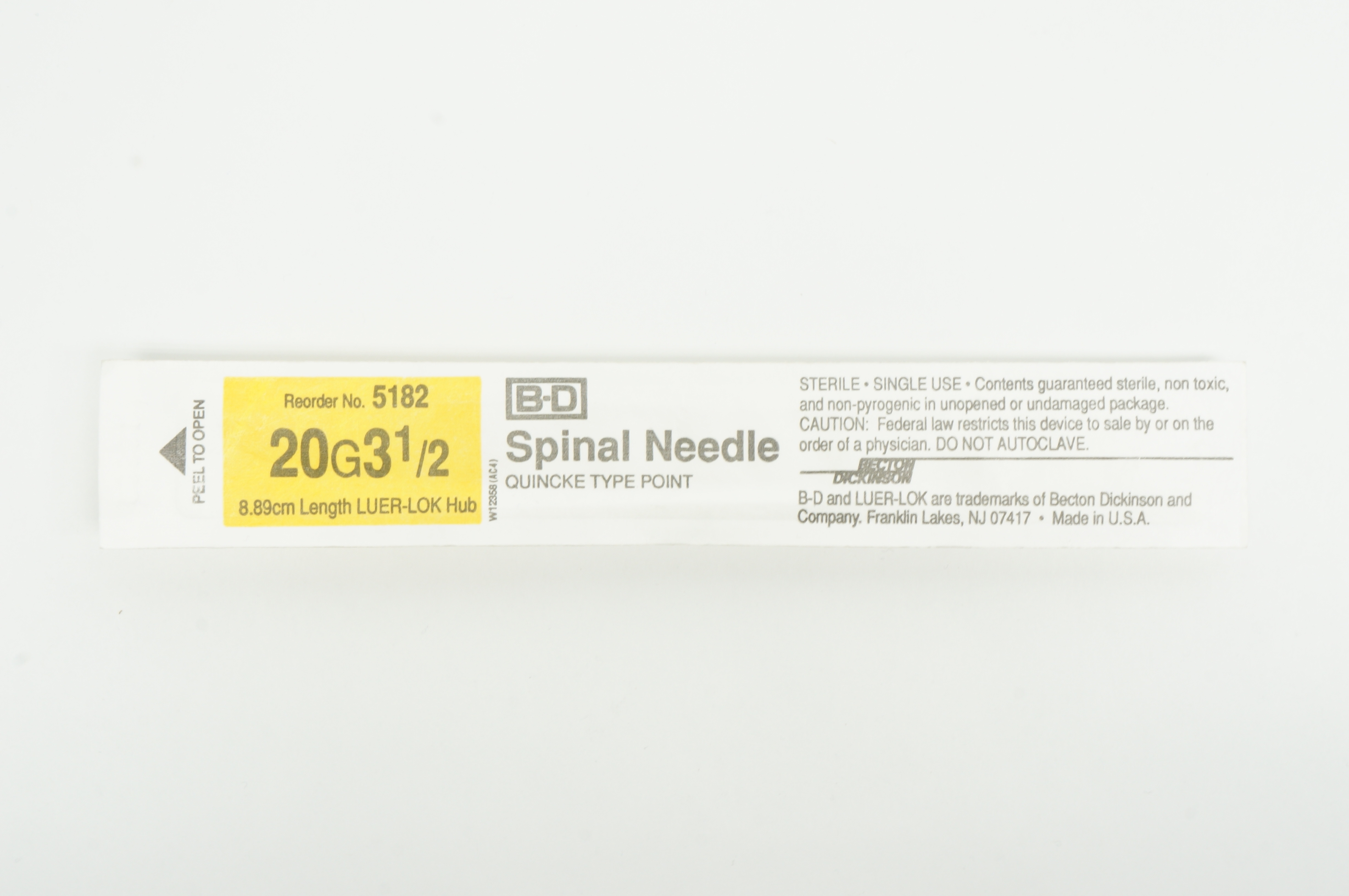 BD 5182 Spinal Ndle Quincke Type Point 20G x 3-1/2inch, 8.89 Length Luer-Lok Hub