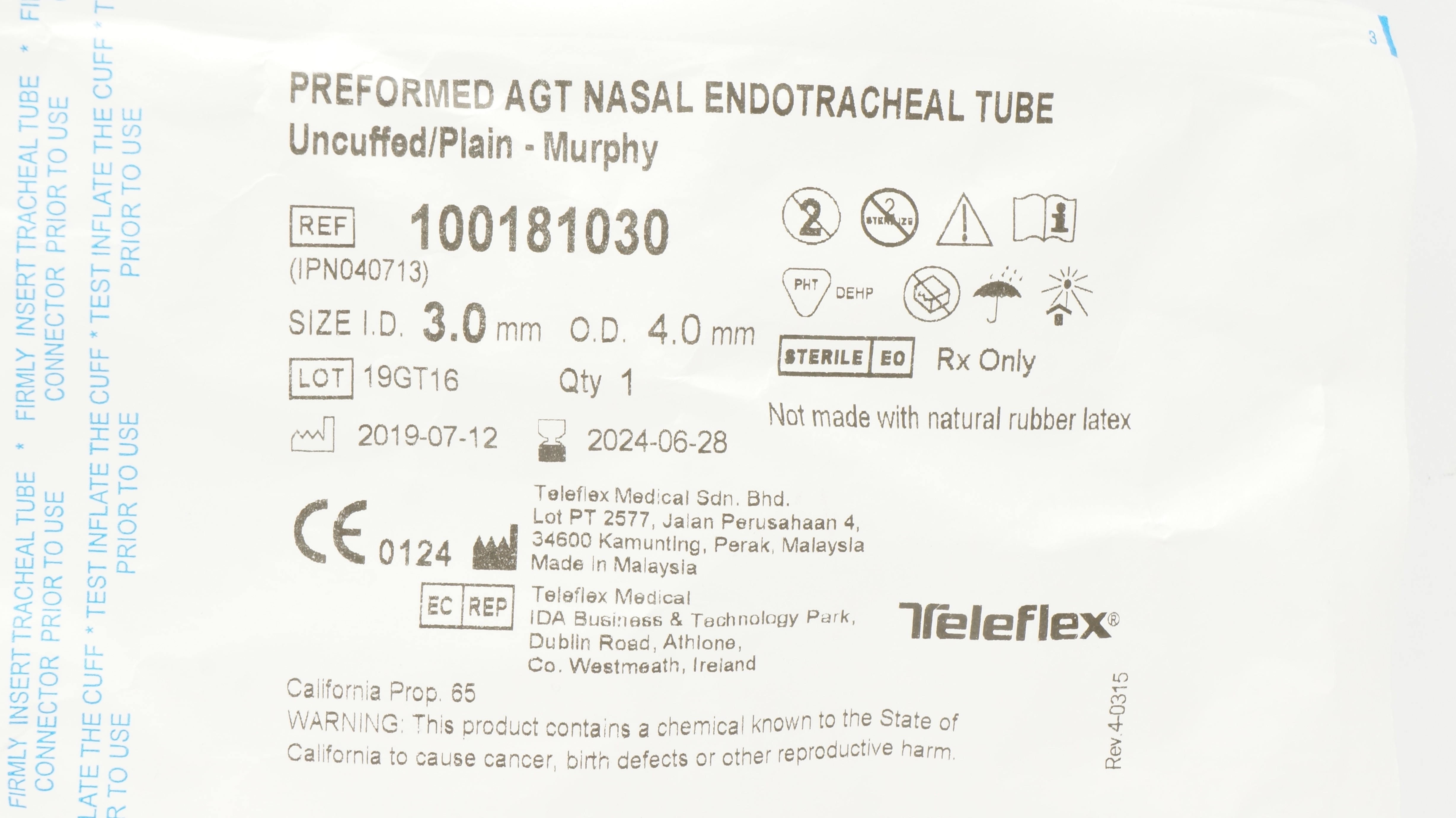 Teleflex 100181030 Preformed AGT Nasal Endotracheal Tube 3.0ID x 4 ...