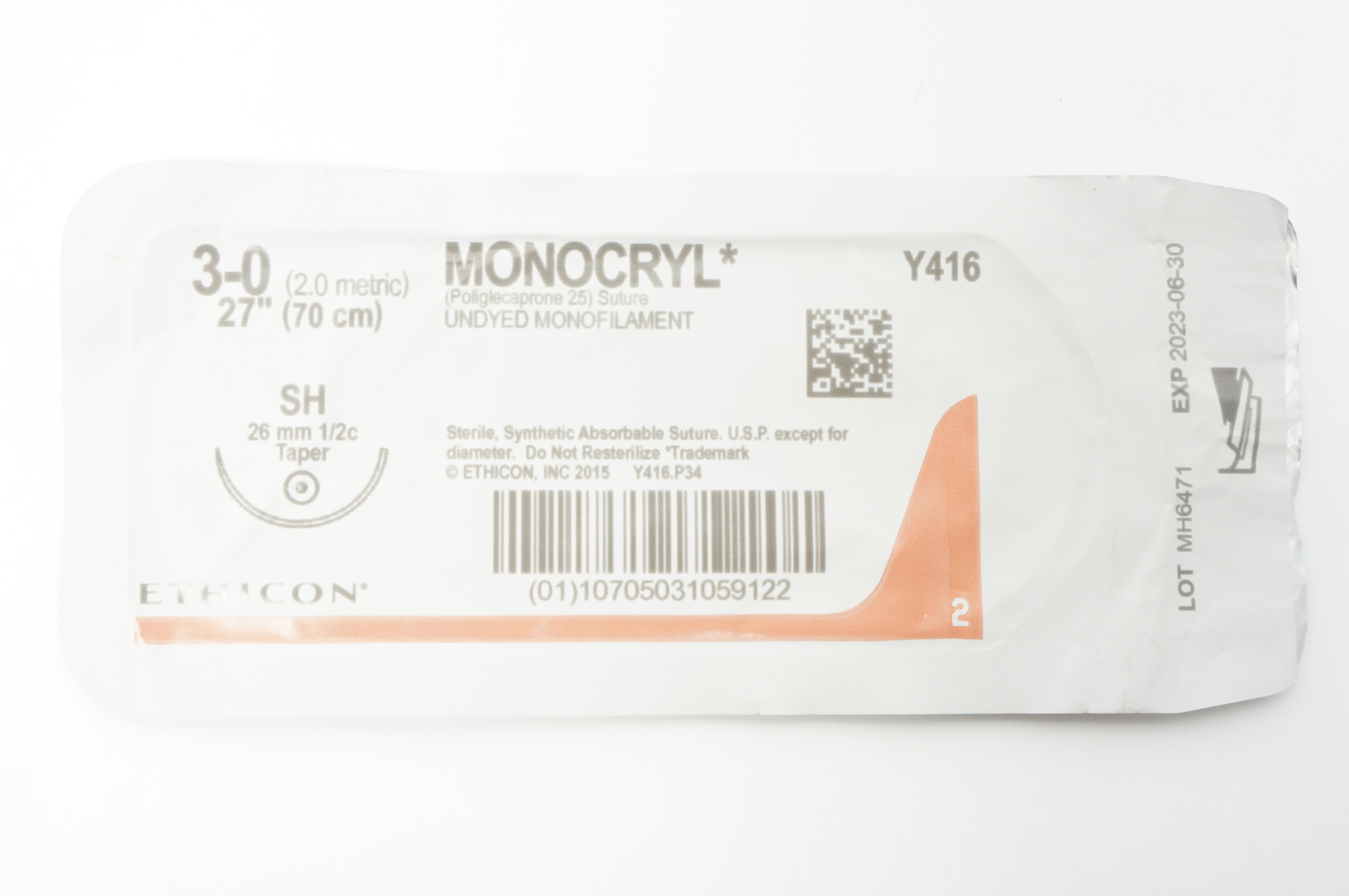 Ethicon Y416 3-0 MONOCRYL Undyed Monofilament SH 26mm 1/2c Taper, 27inch