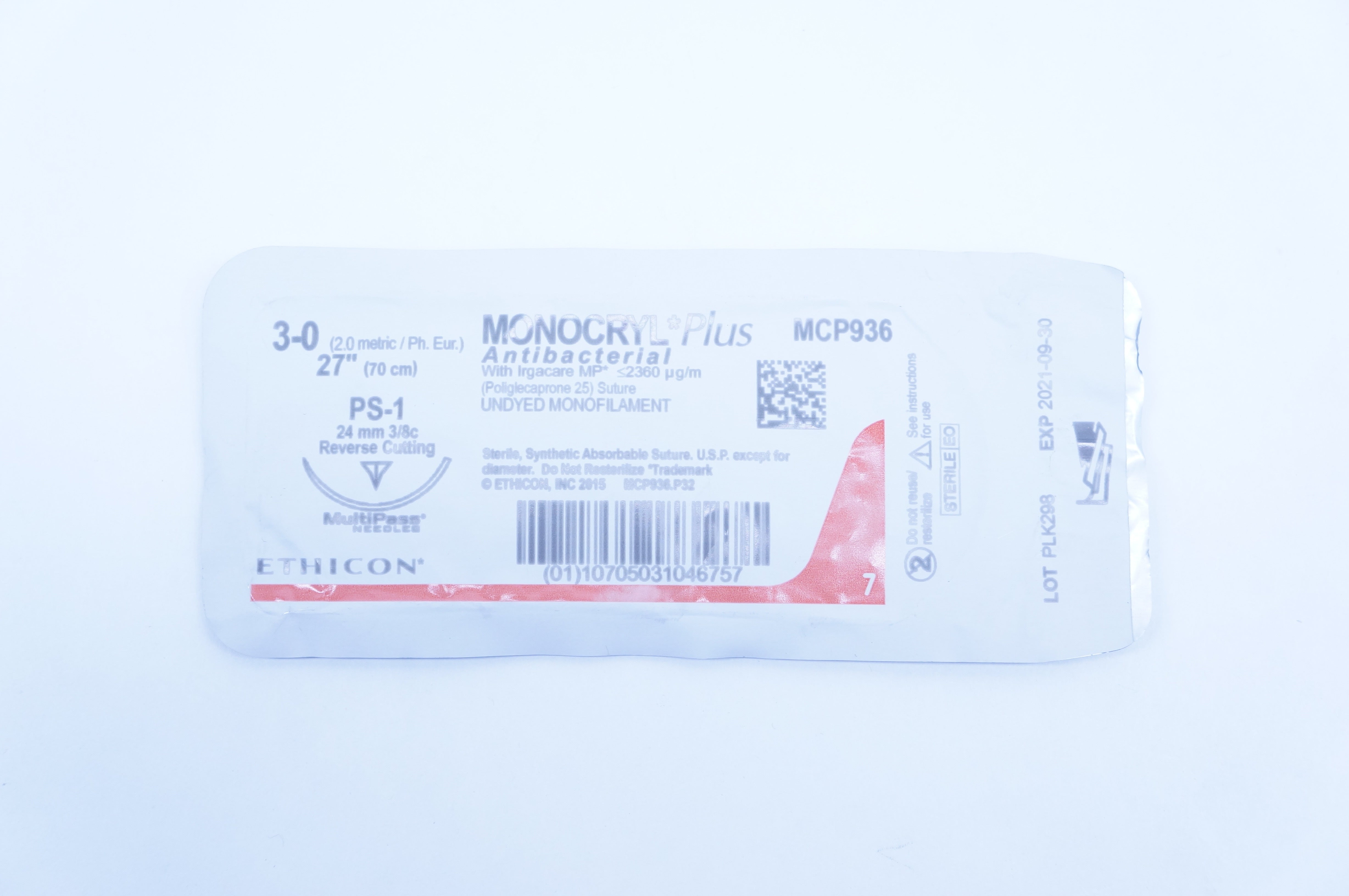 Ethicon MCP936 3-0 Monocryl Plus Stre PS-1 24mm 3/8c Reverse Cutting 27 ...