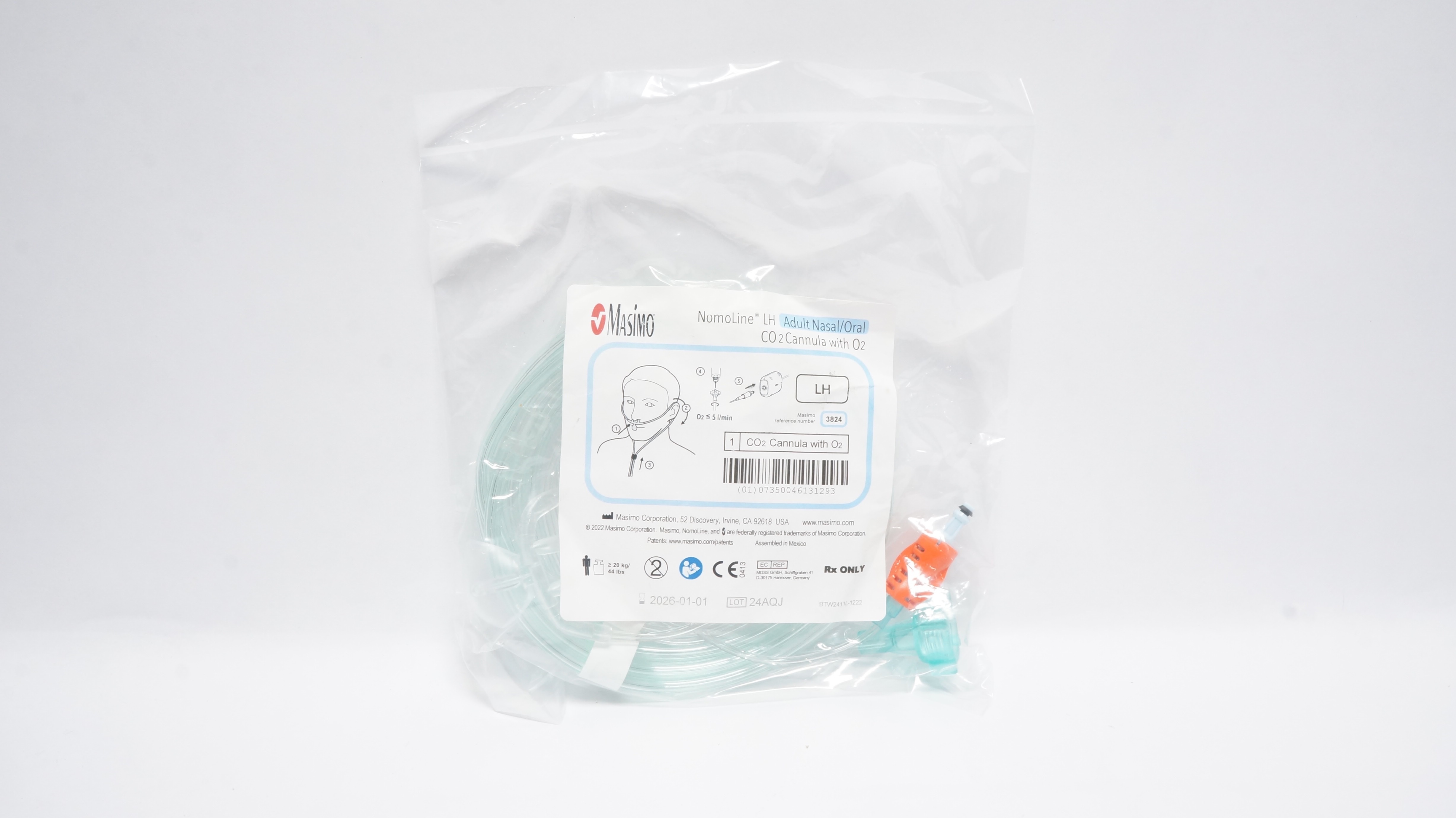 Masimo 3824 LH Adult Nasal/Oral CO2 Cannula W/O2, >20kg x 44Ibs