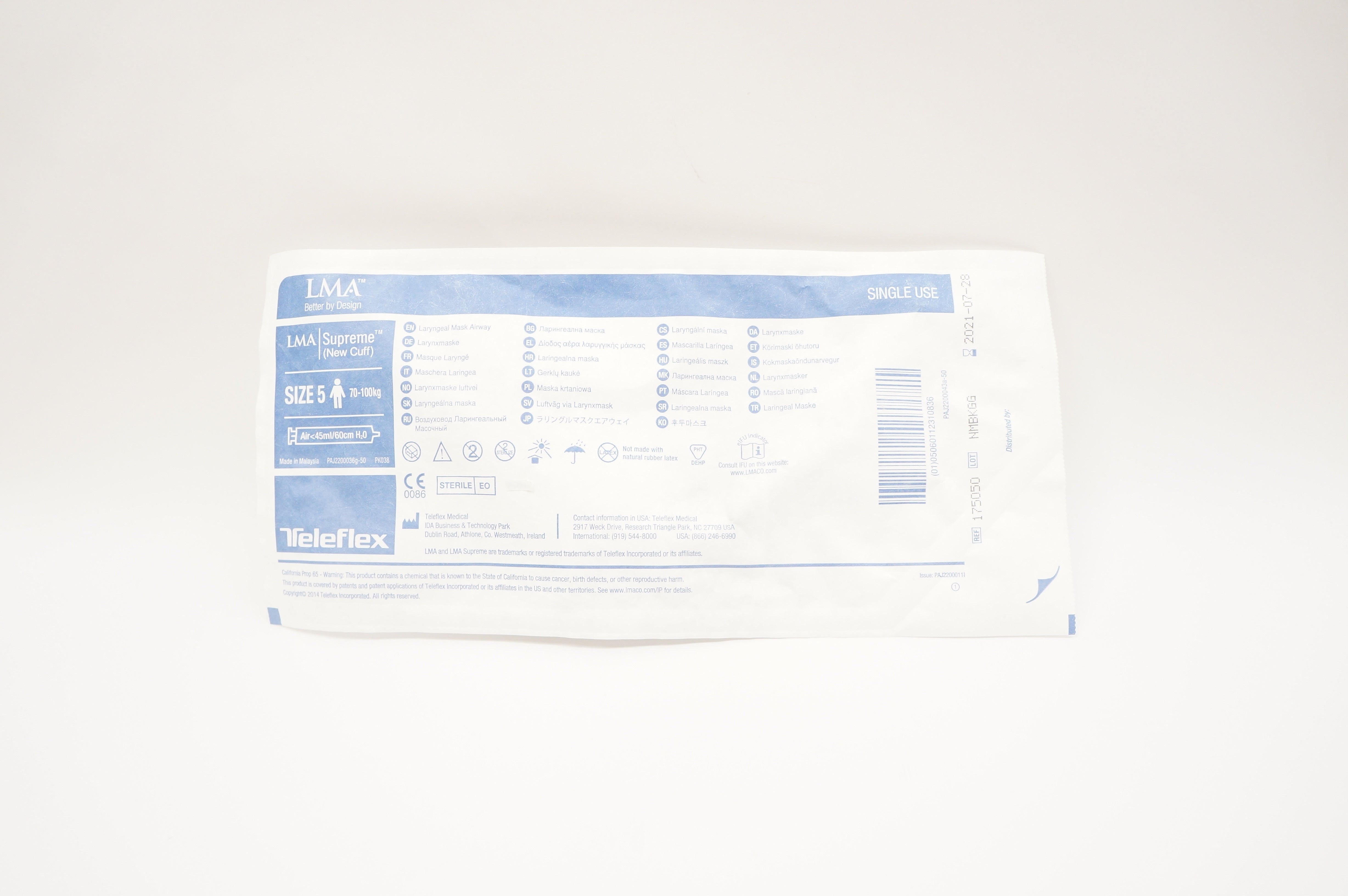 Teleflex 175050 LMA Supreme Laryngeal Mask Airway Size 5 70-100kg 45ml ...