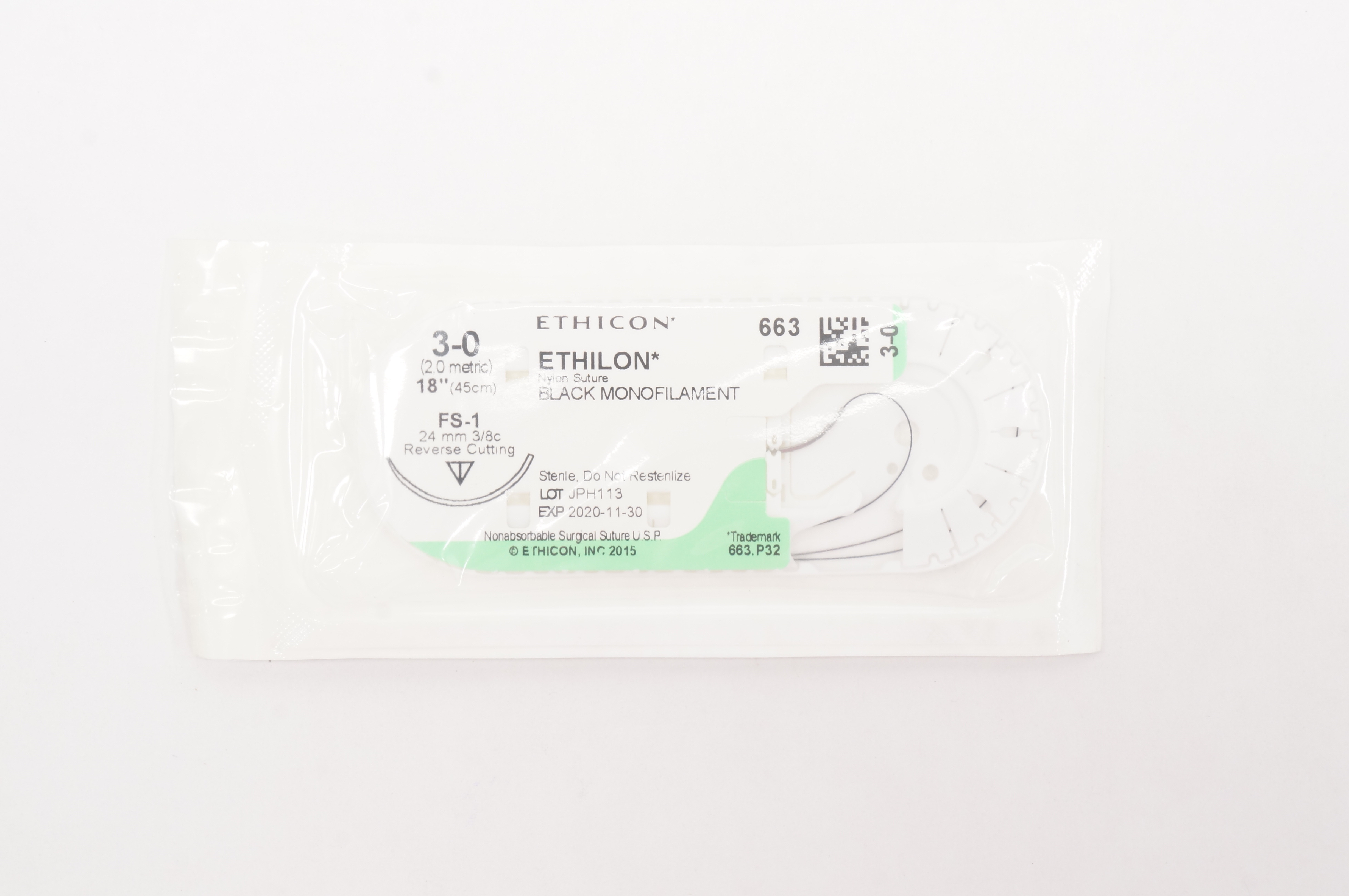 Ethicon 664 2-0 Ethilon Nylon Stre FS 26mm 3/8c Reverse Cutting 18 inch