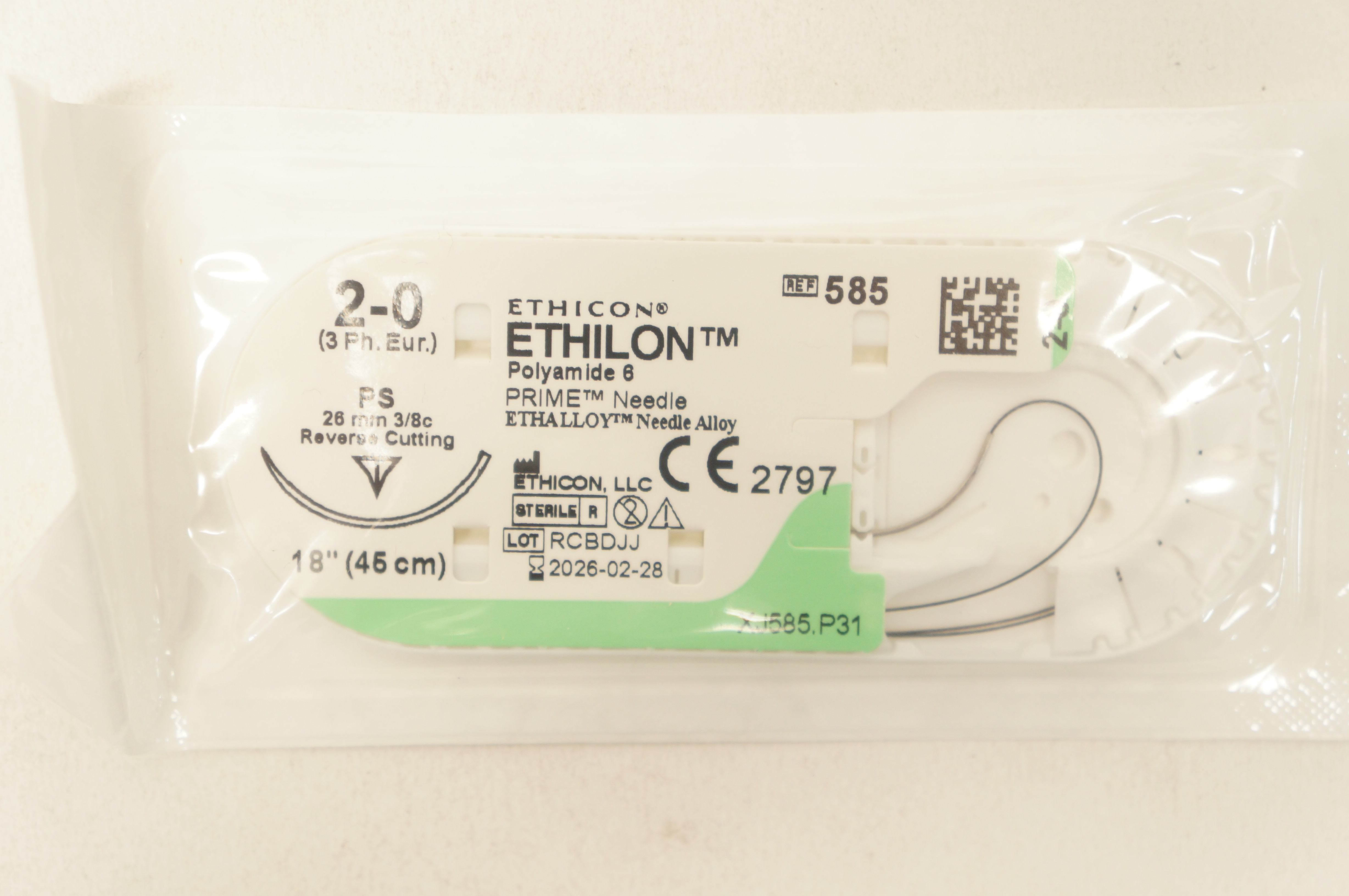 Ethicon 585 2-0 ETHILON Stre PS 26mm 3/8c Reverse Cutting 18inch