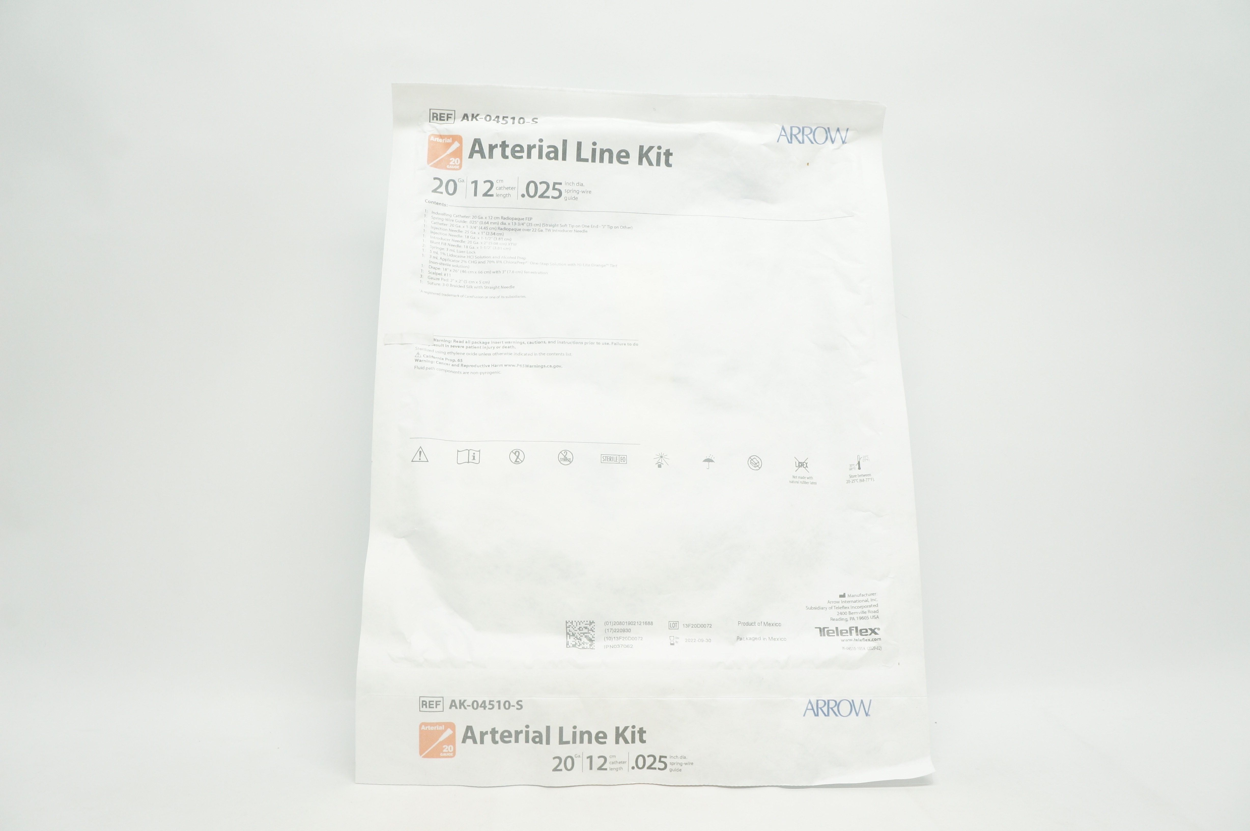 Arrow AK-04510-S Arterial Line Kit 20Ga x 12cm x .025 inch