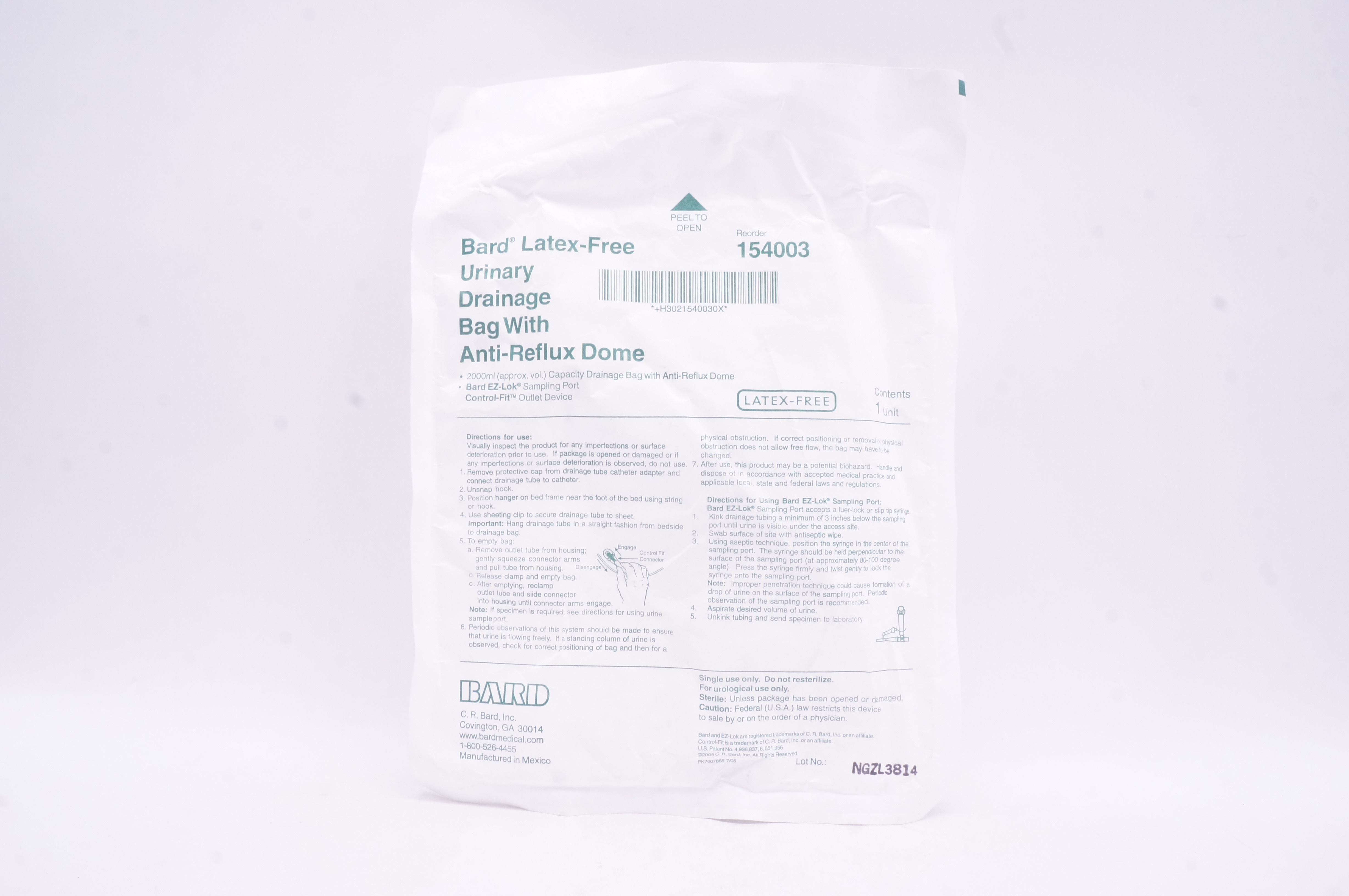Bard 154003 Urinary Drainage Bag with Anti-Reflux Dome 2000 ml (approx ...