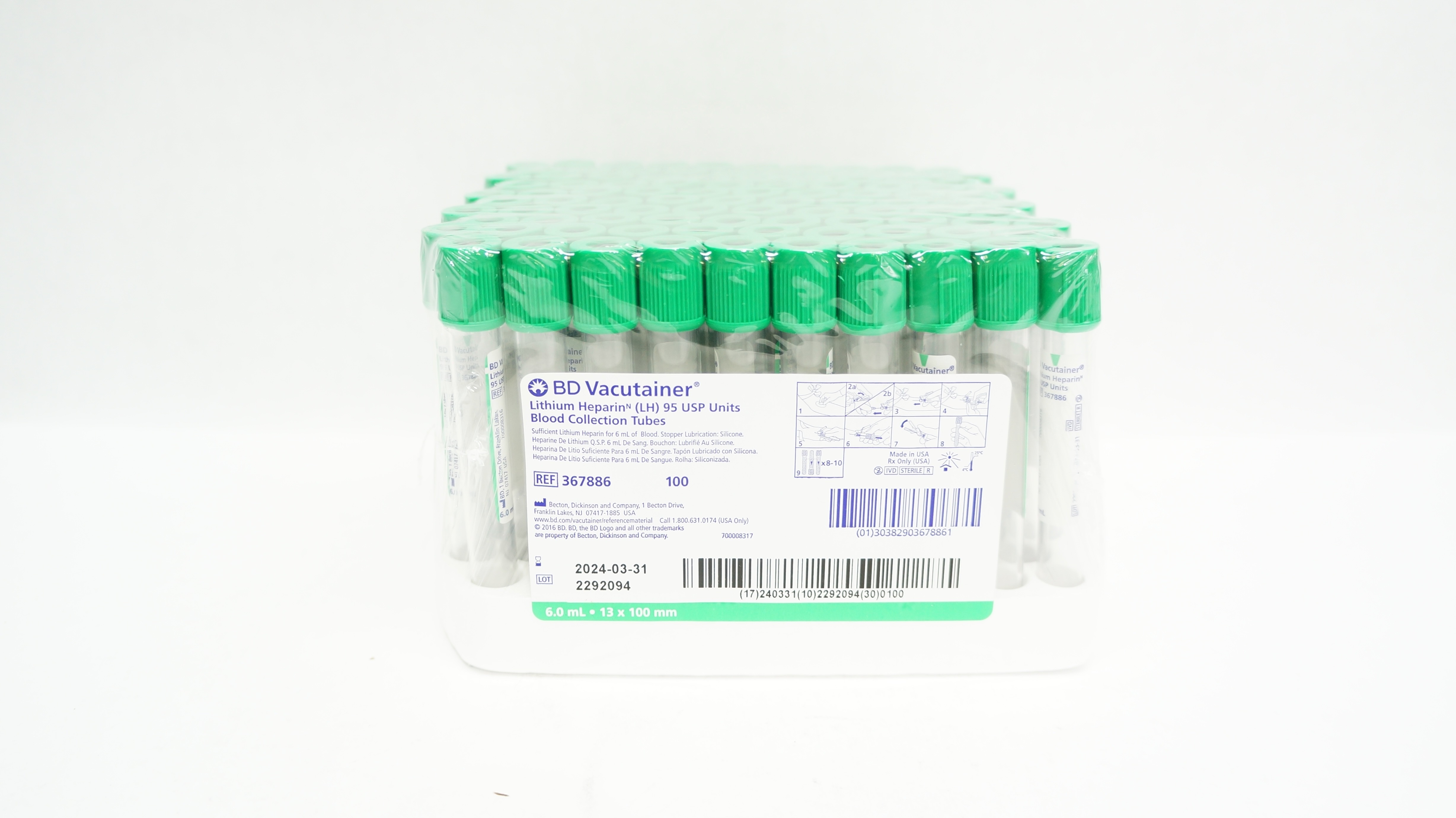 BD 367886 Vacutainer Blood Collection Tubes 6.0mL 13 x 100mm - Pack of 100
