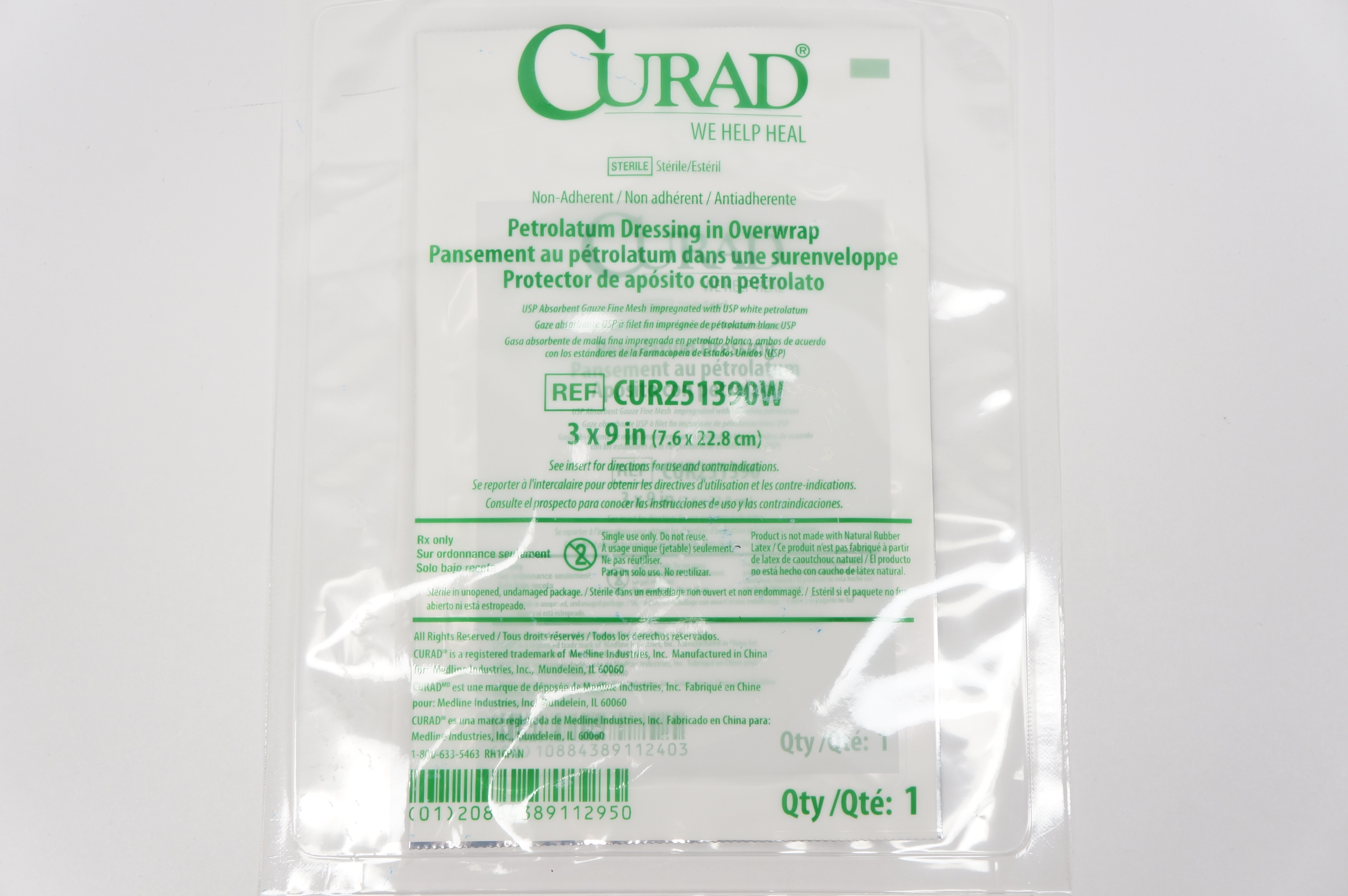 Medline CUR251390W Curad Petrolatum Dressing in Overwrap 3 x 9inch (x)