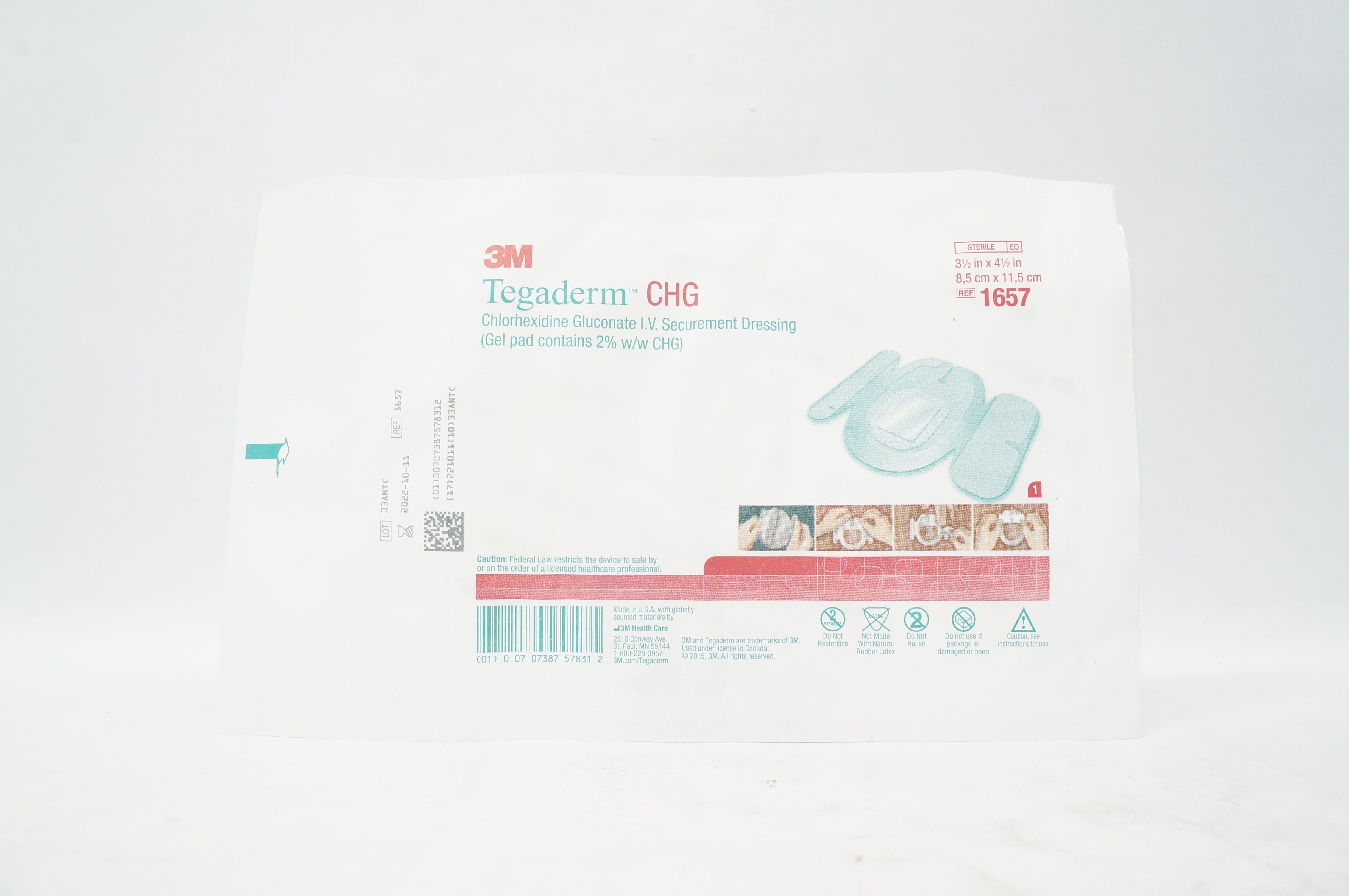 3M 1657 CHG Chlorhexidine Gluconate I.V. Securement Dressing 3-1/2 x 4 ...