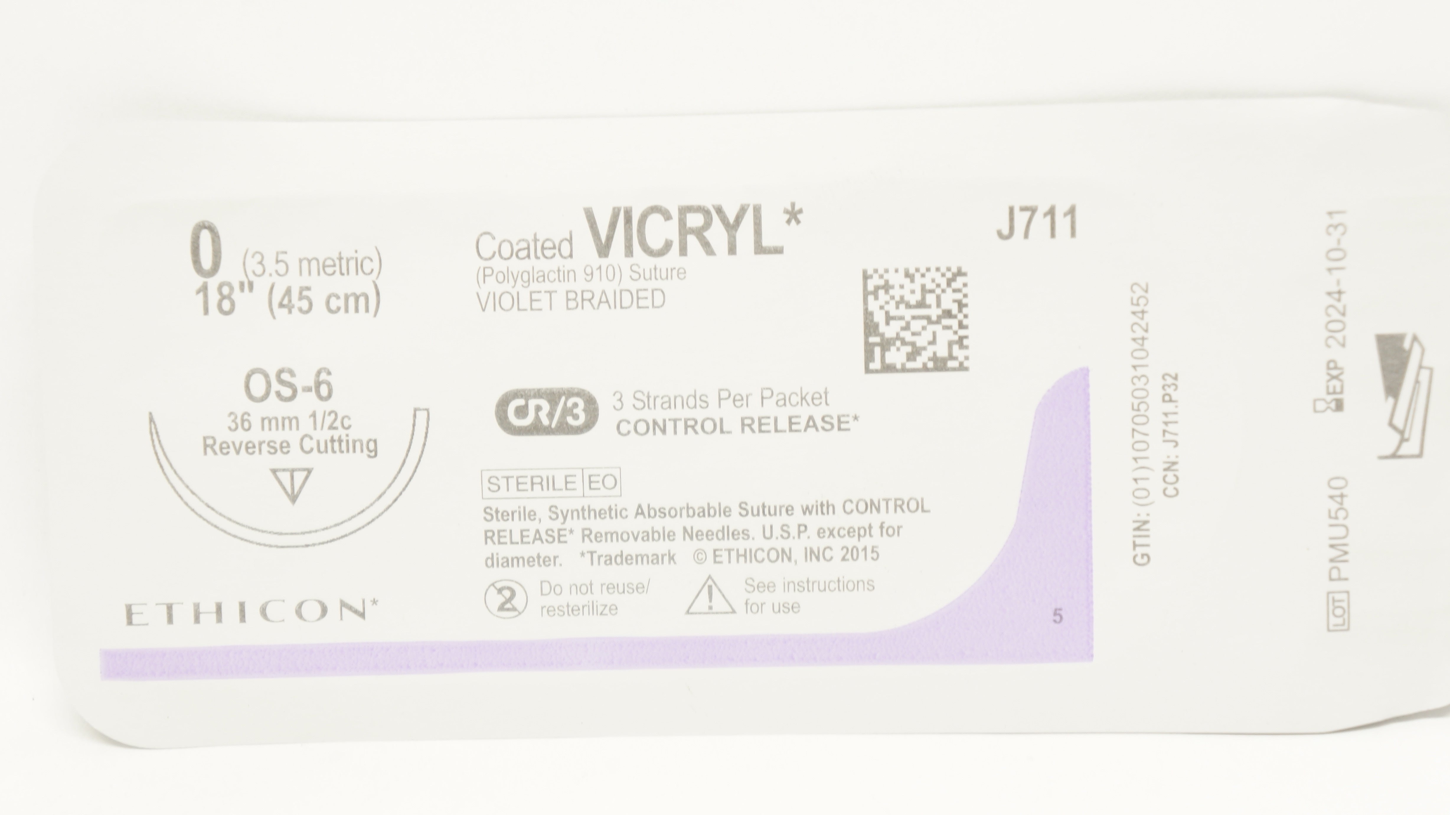 Ethicon J711 0 Coated VICRYL Stre OS-6 36mm 1/2c Reverse Cutting, 18inch